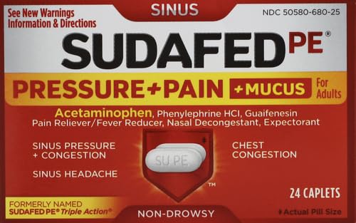 Sudafed PE Head Congestion + Mucus Relief Tablets for Sinus Pressure, Congestion, & Headache, Non-Drowsy Decongestant with Acetaminophen, Guaifenesin & Phenylephrine HCI, 24 ct