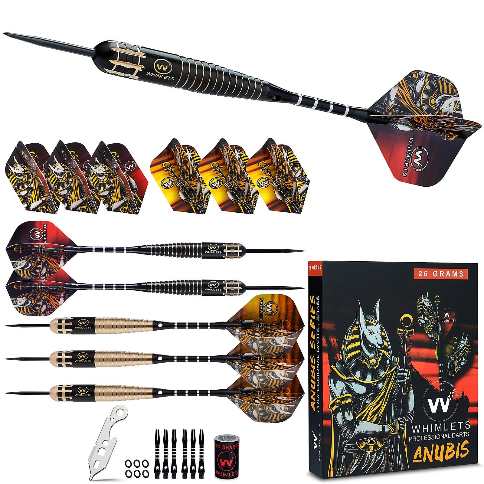 Whimlets Darts Metal Tip Set - Darts Steel Tip Set Professional with Brass Barrels, Professional Darts with Extra Aluminum Shafts, Flights + Dart Tool and Sharpener + Pro Darts Guide and Gift Case