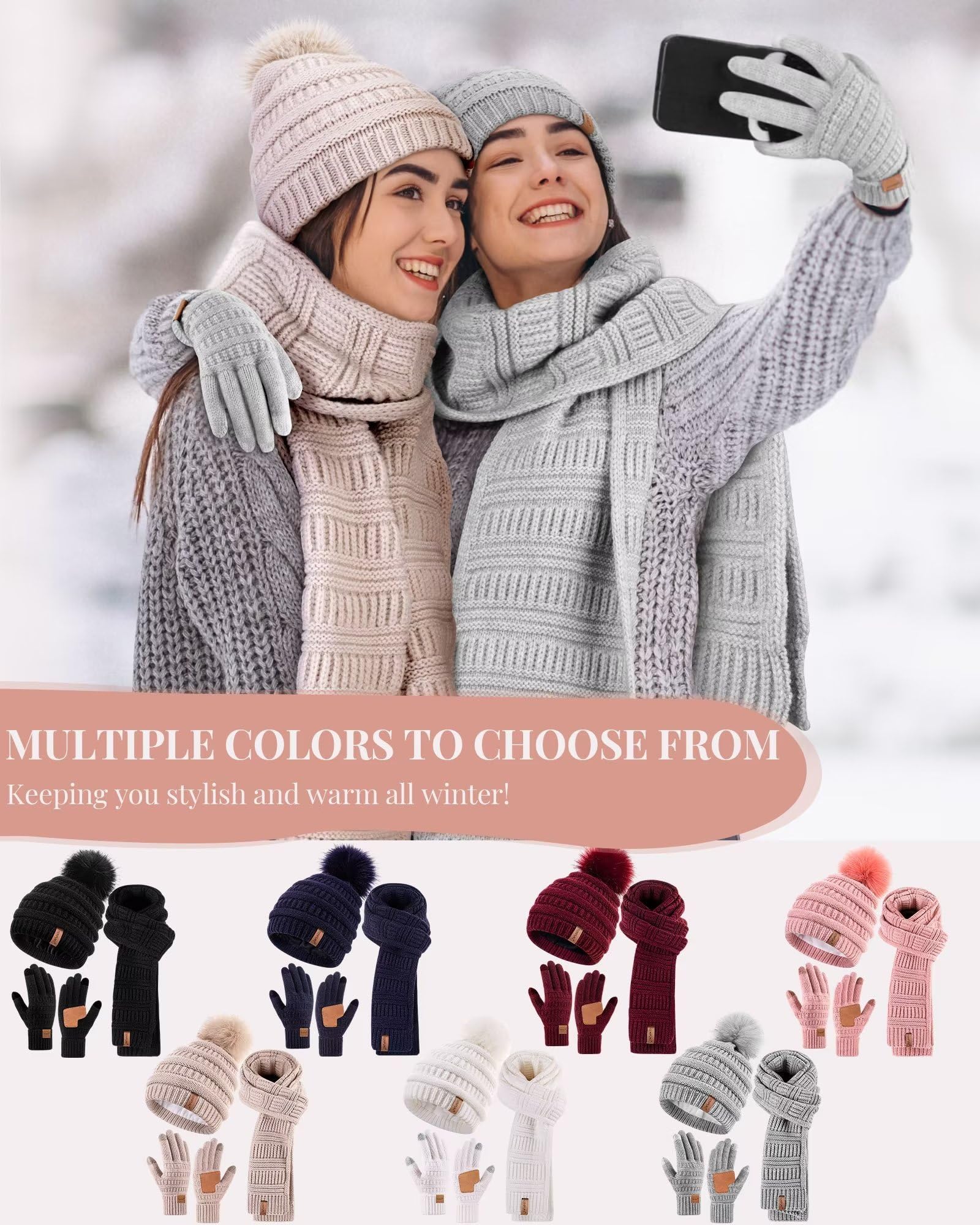 Womens Winter Beanie With Pom Pom, Fleece Lined Scarf and Touchscreen Gloves Set for Cold Weather (Black)