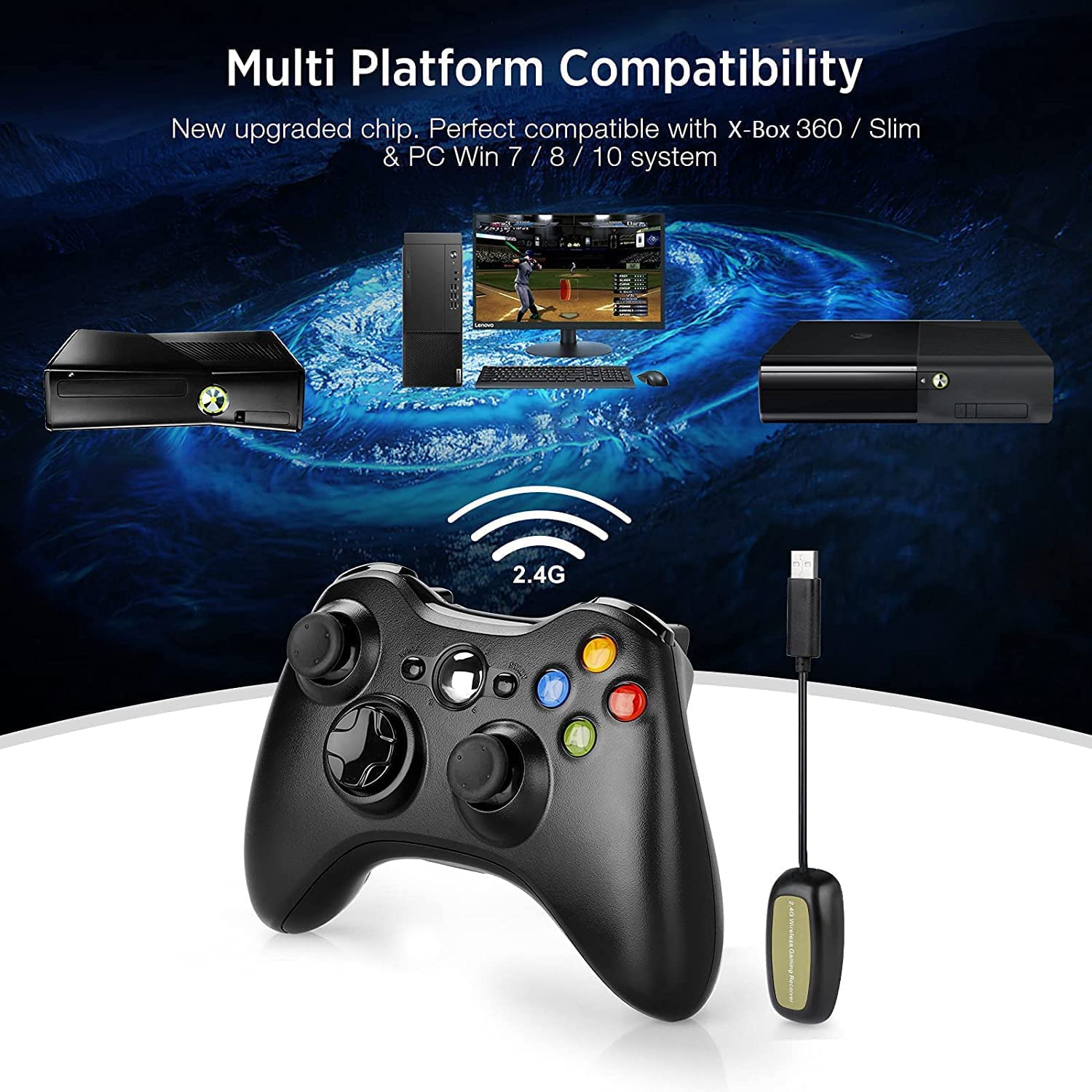 YAEYE Wireless Controller for Xbox 360, 2.4GHZ Game Joystick Controller Gamepad Remote Compatible with Xbox 360/360 Slim, PC Windows 7,8,10,11