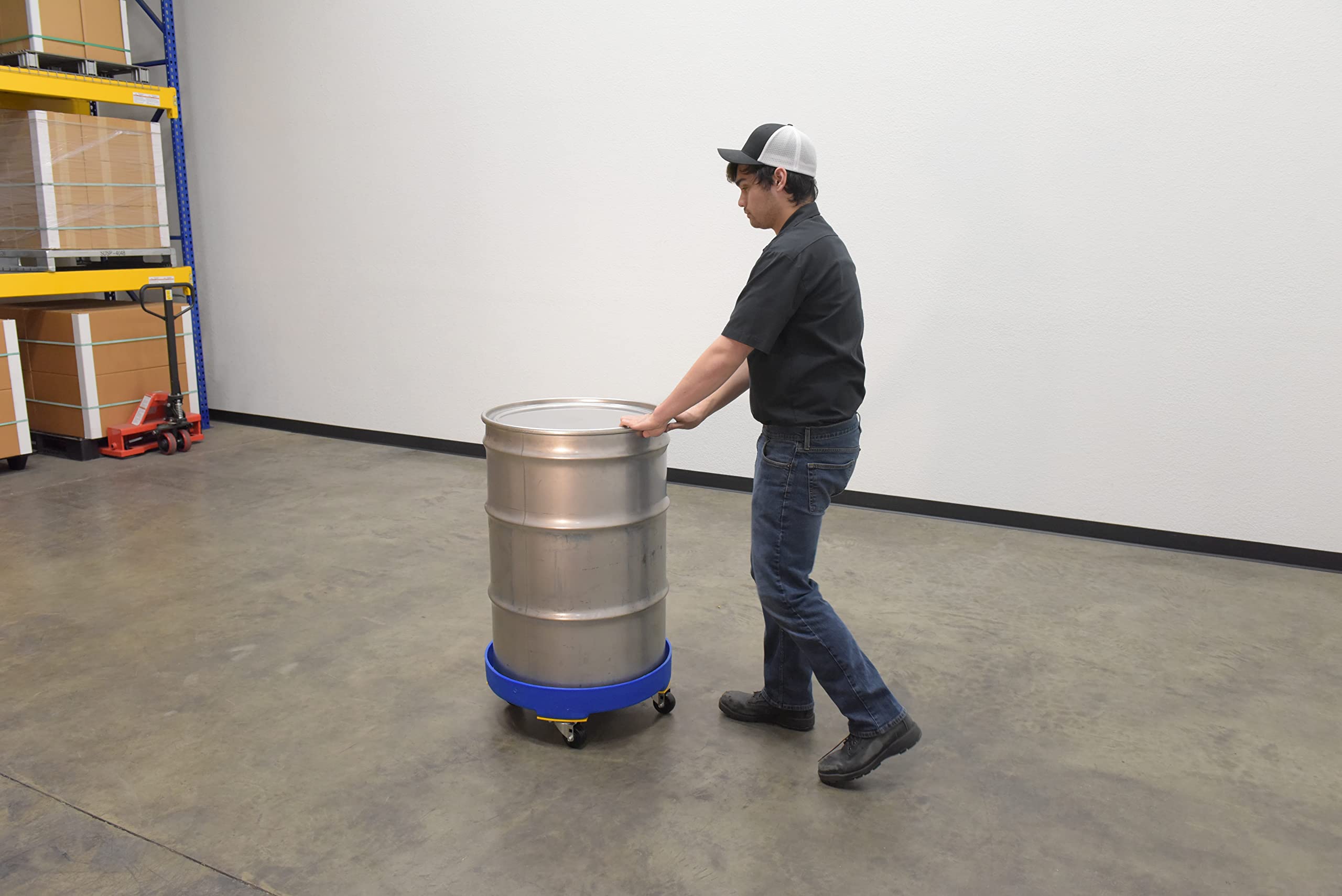Vestil DRUM-DP-HD-55-BU Polyethylene Heavy Duty Drum Dolly 55 Gallon 24-1/4 in. x 24-1/4 in. x 8-1/2 in. 600 Lb. Capacity Blue/Yellow