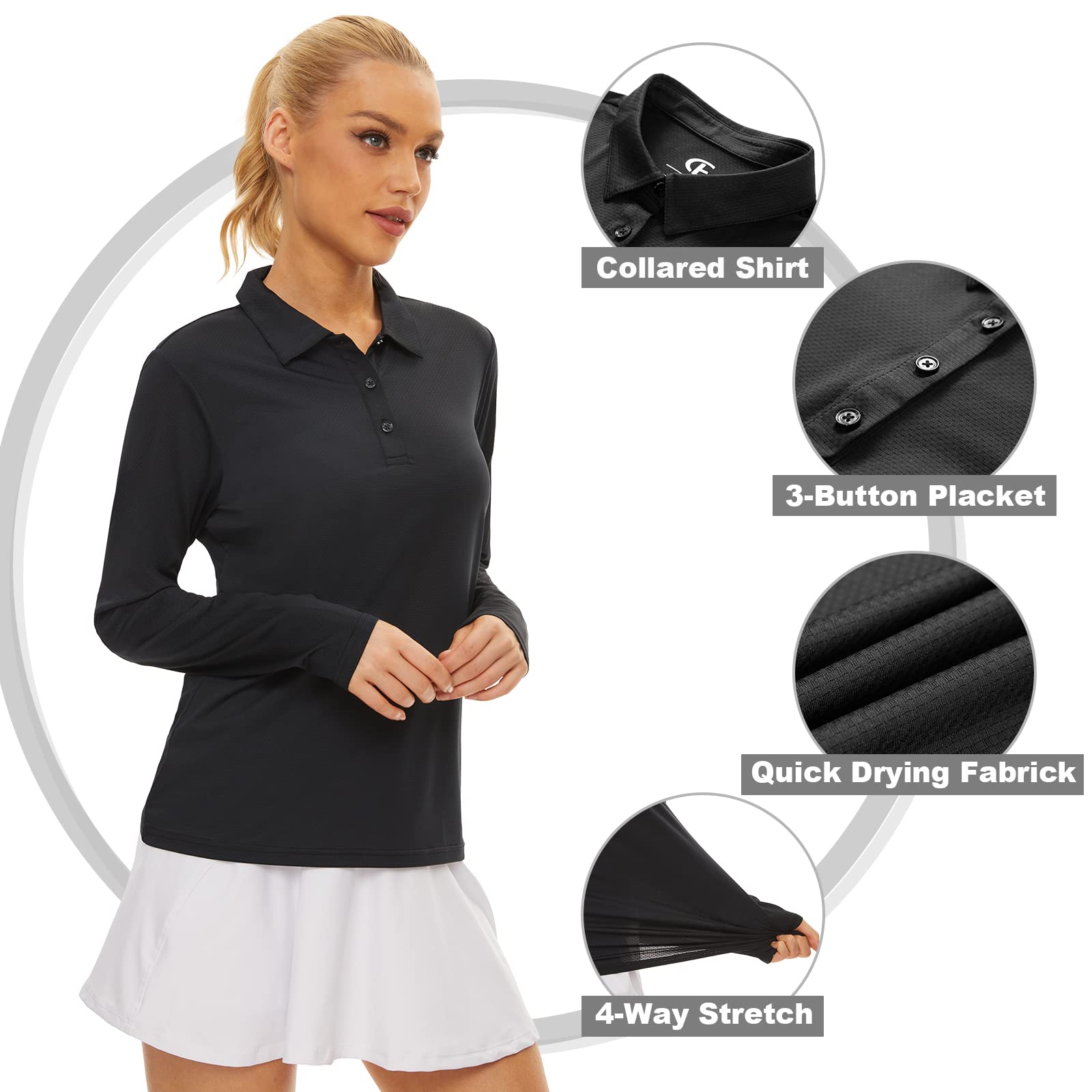 Women's Golf Shirt Long Sleeve Polo Shirt UPF50+ Sun Protection Moisture Wicking Quick Dry Golf Polo Shirt(Black,S