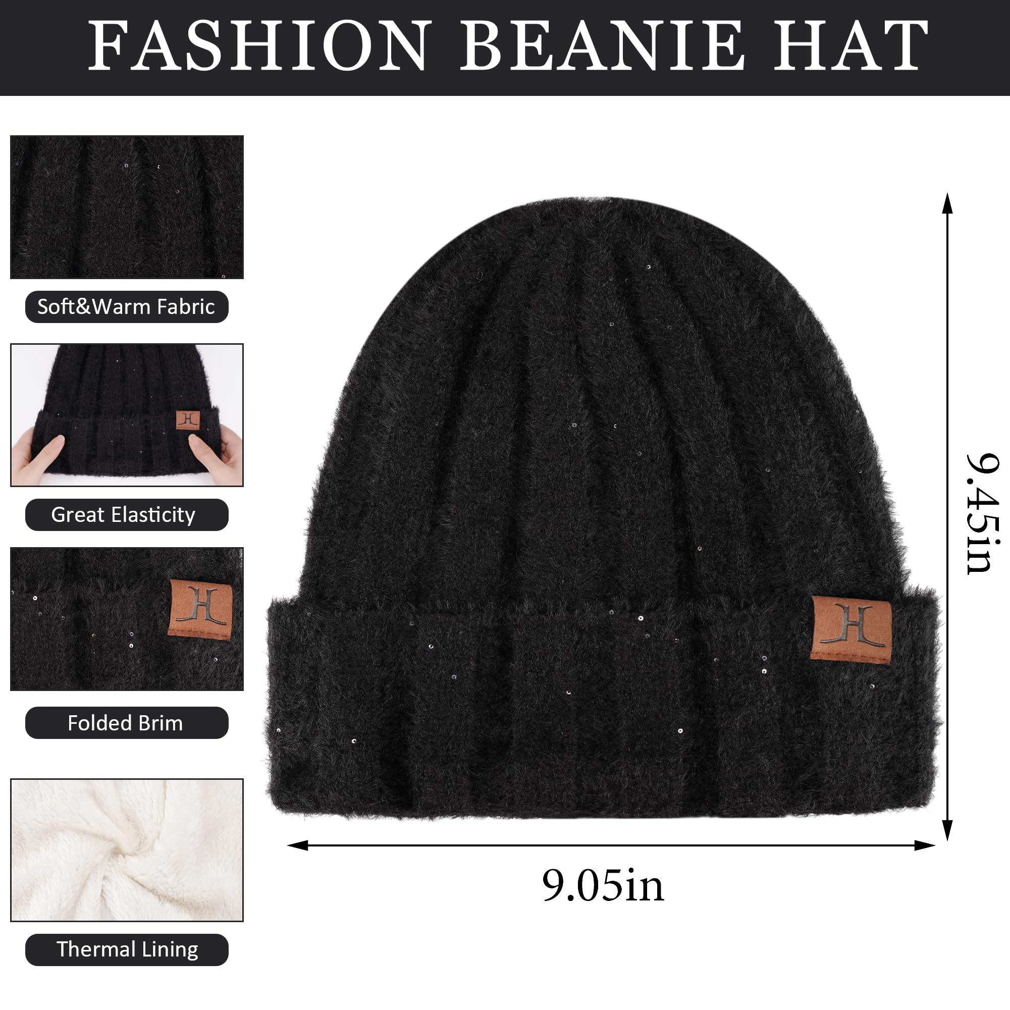 Womens Winter Warm Knit Beanie Hats and Touchscreen Gloves Long Scarf Sets with Sequins Thick Fleece Lined