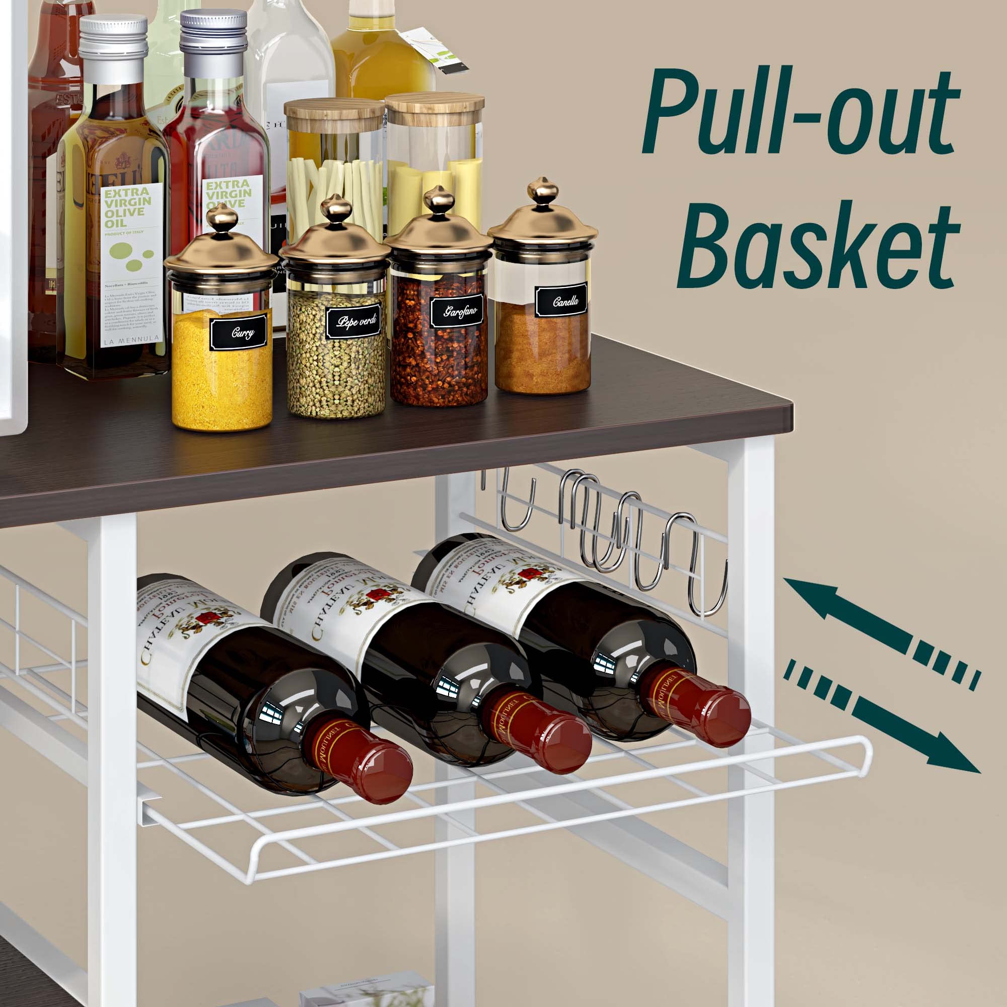Wellynap Bakers Rack, 3-Tier Microwave Stand for Kitchens with Storage, Utility Storage Shelf with 5 Hooks and Basket for Spice Rack, White Oak