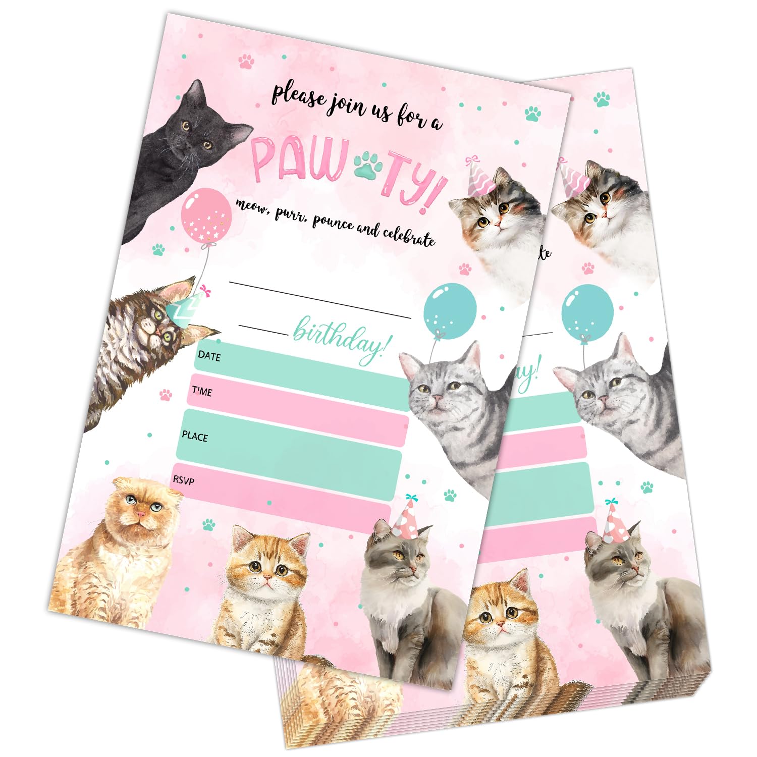 TFCIATE Cute Pet Cat Birthday Party Invitation Cards, 20 Double-Sided Birthday Fill-in Invitation with Envelopes, Let's Paw-Ty Kitty Cats Party Favors Supplies For Kidsļ¼Boys and Girls - A026