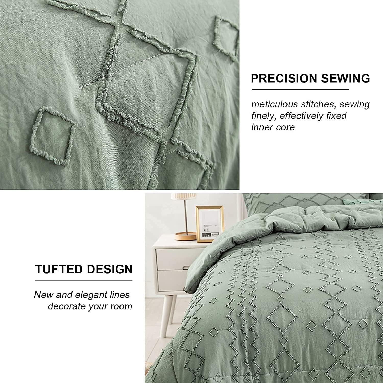 WONGS BEDDING Green Tufted Comforter Set Full Size (80×90 inches), Boho Shabby Chic Comforter Geometry Embroidery Bedding Set 3 Pieces Soft Microfiber Comforter for All Seasons