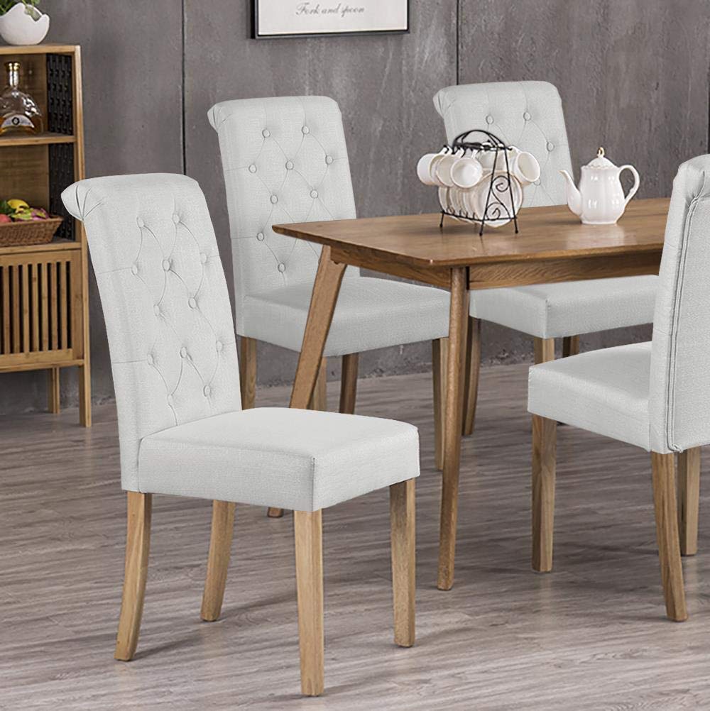 Yaheetech Solid Wood Dining Chairs Button Tufted Parsons Diner Chair Upholstered Fabric Dining Room Chairs Kitchen Chairs Set of 6, Beige