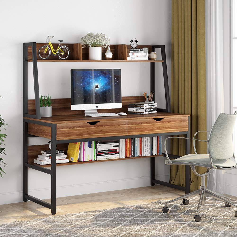 Tribesigns Computer Desk with 2 Drawers and Hutch, Big Home Office Writing Desk with Bookshelf, Craft Desk Workstation Desk (Dark Walnut)