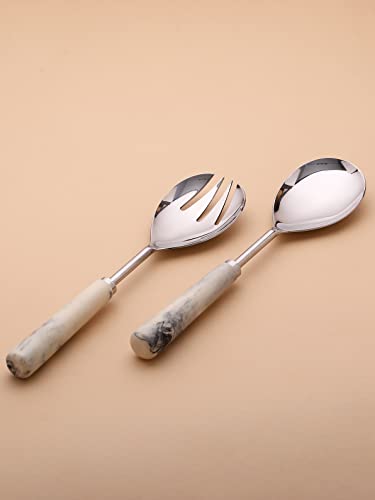 YoTreasure Tiramisu Resin & Stainless Steel Ivory Salad Server Spoon and Fork Set Cooking Utensils for Kitchen