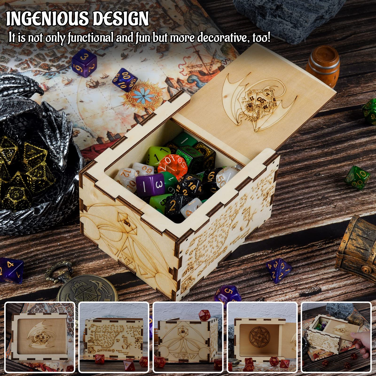 Wood Dice Case DIY Puzzle Storage Box Carved with Dragon & D20 Perfect for RPG, DND, Board or Card Games