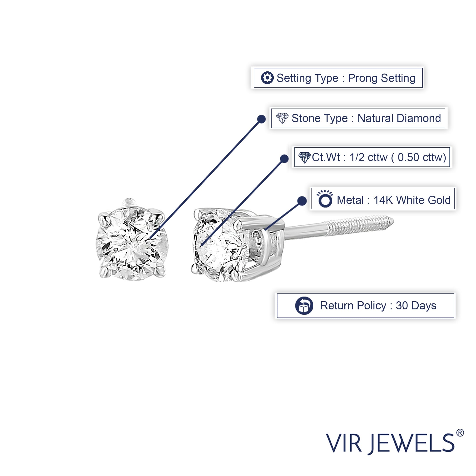 Vir Jewels 1/2 cttw Diamond Stud Earrings 14K White Gold Round 4 Prong with Screw Back