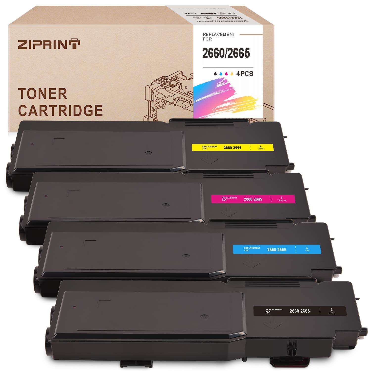 ZIPRINT Remanufactured Toner Cartridge Replacement for Dell C2600 C2660dn 2600dn C2665dnf Printer (1 593-BBBU Black, 1 593-BBBT Cyan, 1 593-BBBS Magenta, 1 593-BBBR Yellow, High Yield 4-Pack)