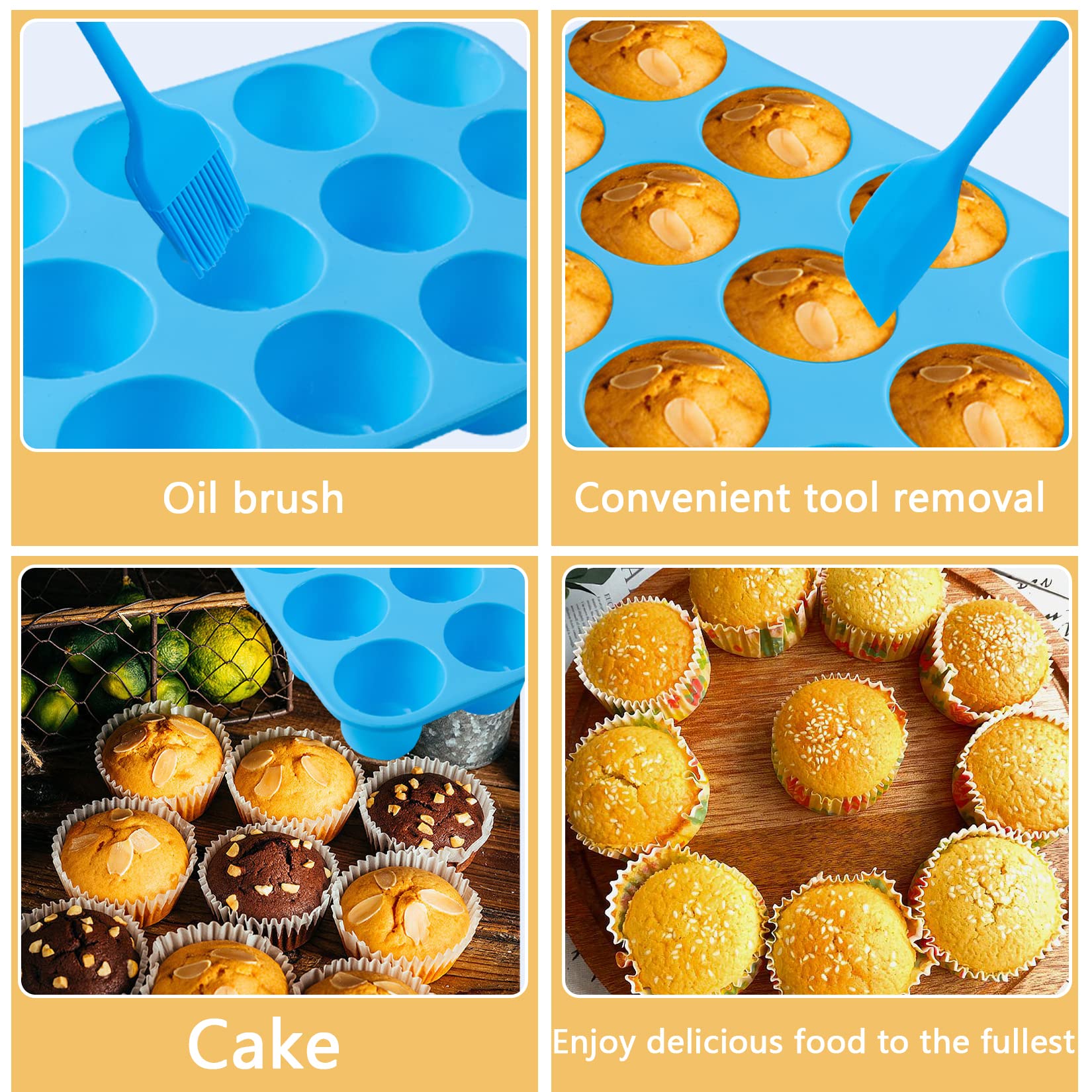 Silicone Muffin Pan, Set of 2 Non-Stick Cupcake Pans 12-Cup & Mini Muffin Pan 24-Cup, with Bonus Silicone Brush and Spatula(Blue)