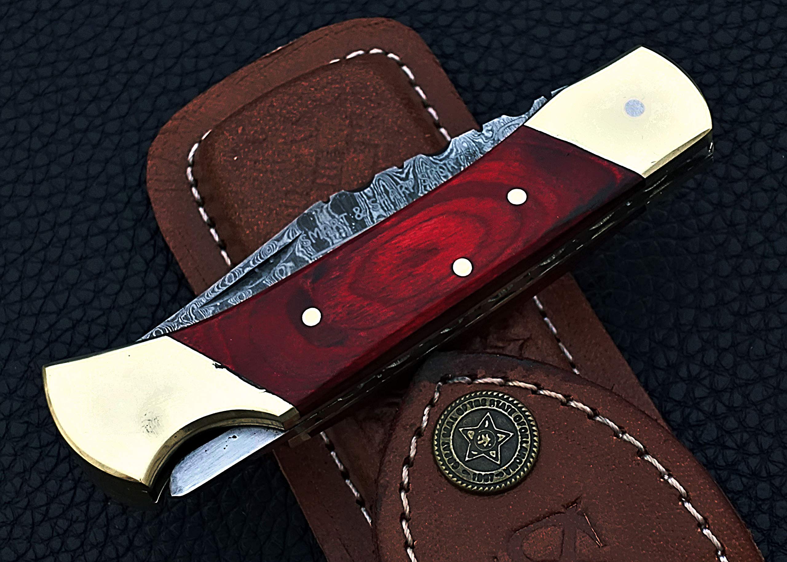 Smart & Sharp Custom Handmade Damascus Steel Folding Knife/Pocket Knife AR-17394 (Red Colored wood) (Red)