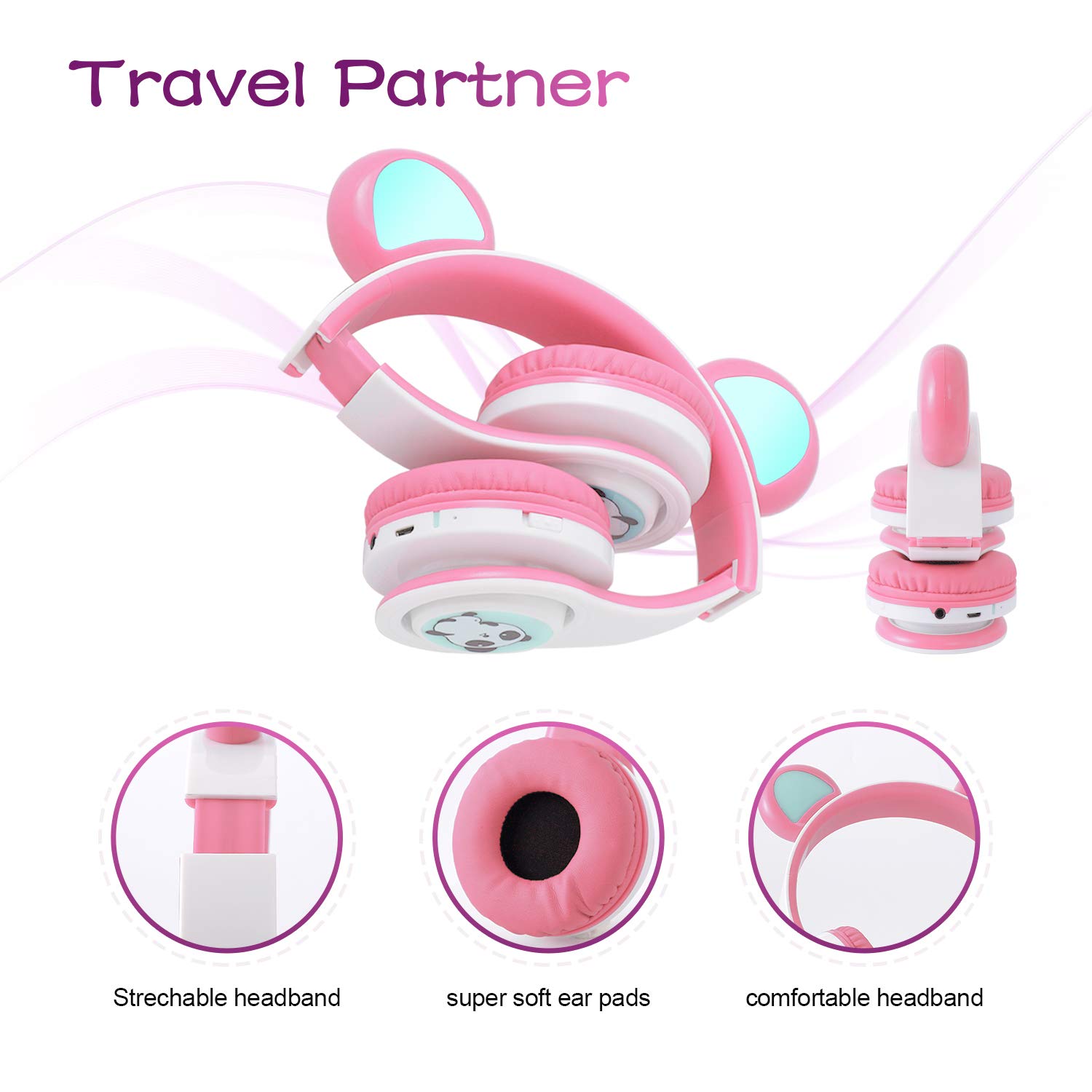 Woice Kids Wireless Headphones, Bluetooth Headphones 85dB Volume Limiting, LED Lights & Music Sharing Function, Girls Boys Wireless/Wired Headphones Over Ear with Mic Pink