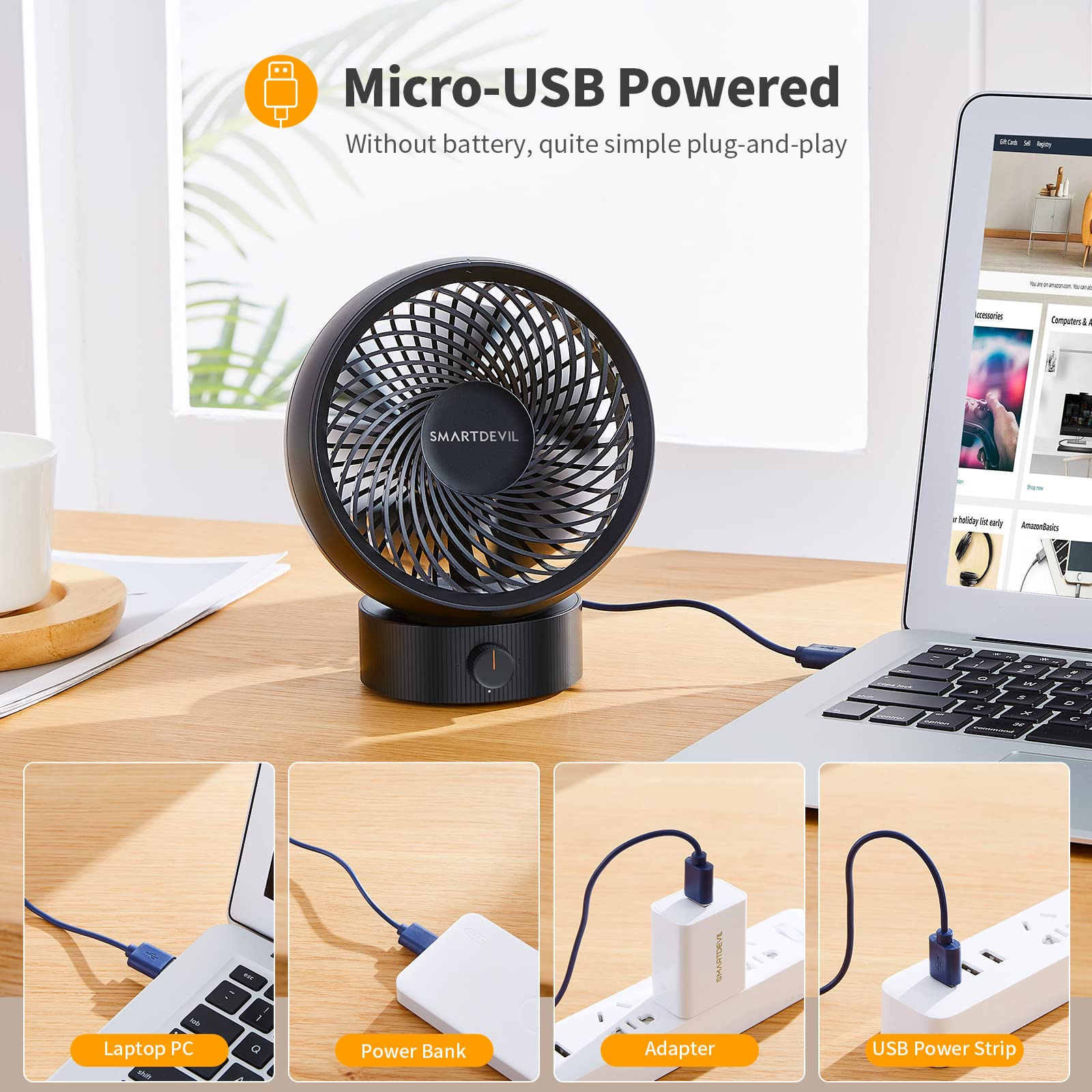 SmartDevil USB Desk Fan, Small Personal Desktop Table Fan with Strong Wind, Quiet Operation Portable Mini Fan for Home Office Bedroom Table and Desktop (Black)