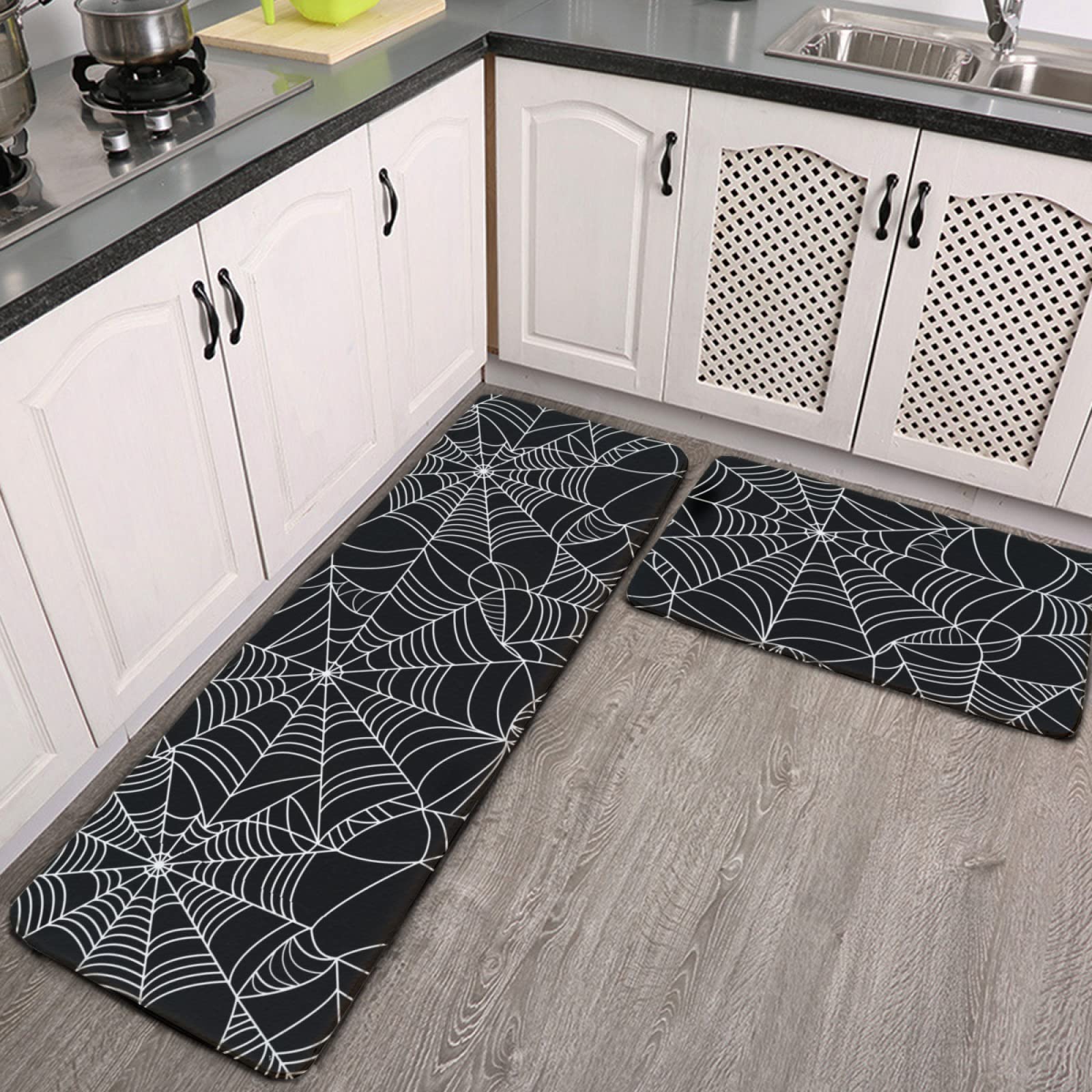 YouTary Halloween Spider Black and White Spiderweb Pattern Kitchen Rug Set 2 PCS Floor Mats Washable Non-Slip Soft Flannel Runner Rug Doormat Carpet for Floor Home Bathroom, 17" x 47"+17" x 24"-M