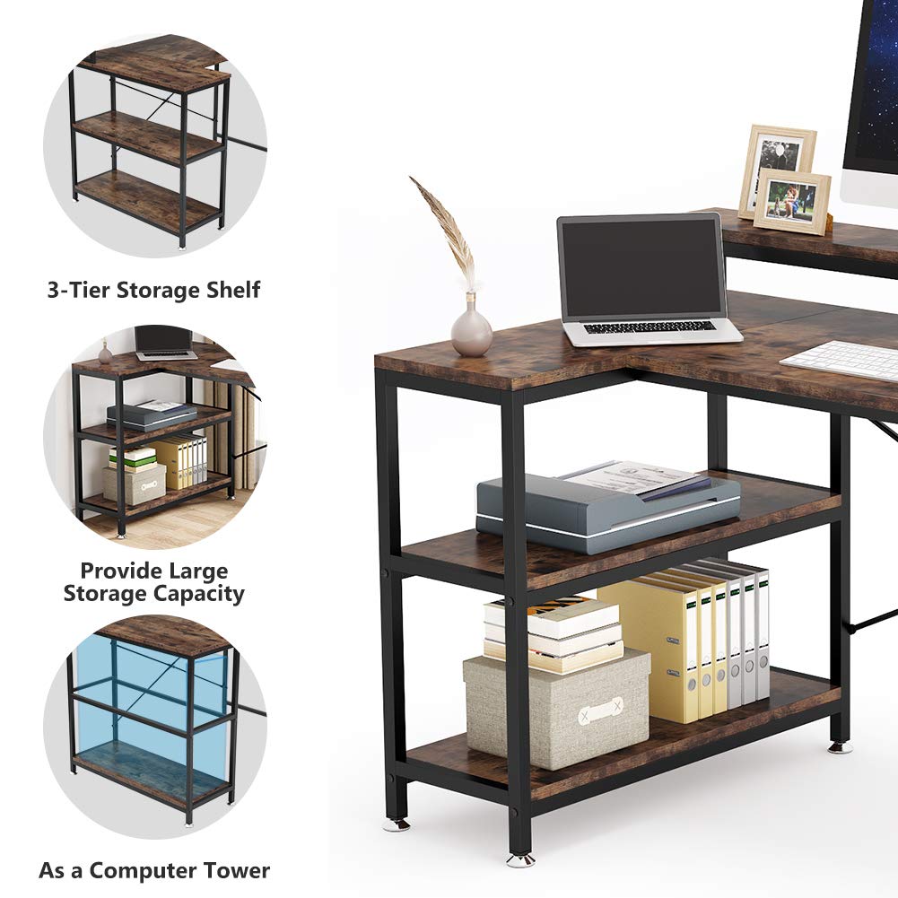 Tribesigns L Shaped Desk with Storage Shelves, Rustic Corner Desk Study Writing Workstation with Monitor Stand Riser for Home Office Small Space (Rustic Brown)