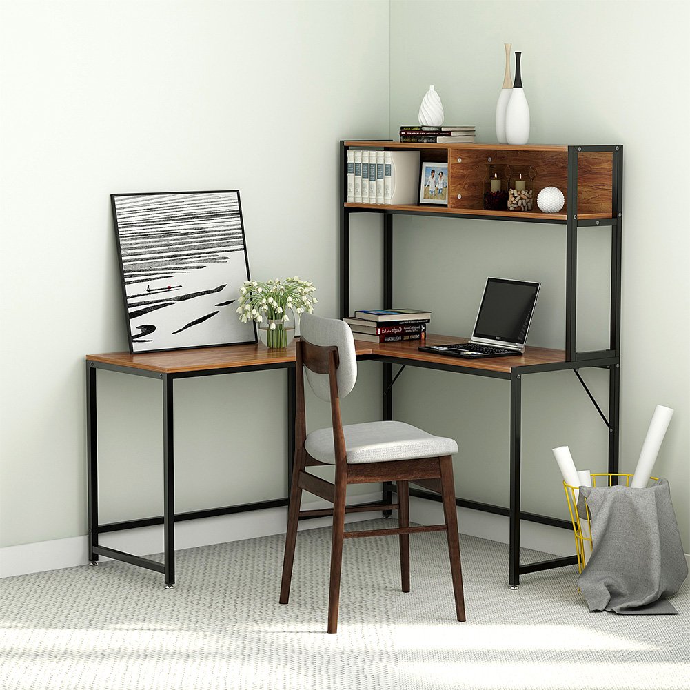 Tribesigns L-Shaped Desk with Hutch,55 Inch Corner Computer Desk Gaming Table Workstation with Storage Shelves Bookshelf for Home Office,Rustic