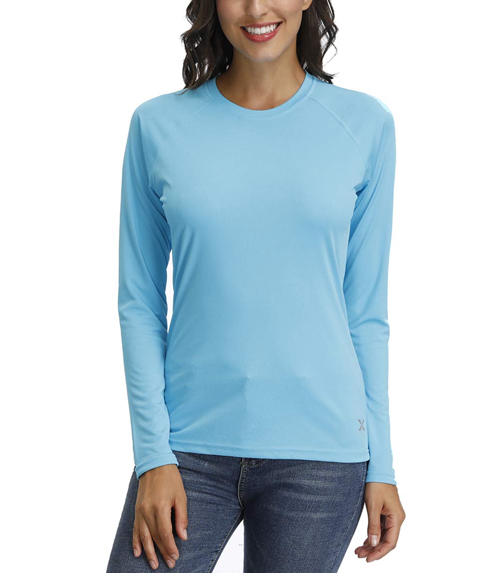 Women's UPF 50+ Sun Protection Long Sleeve Performance Active Top Shirts Fitness Workout Running Sports Leisure T-Shirt (L, Sky Blue)
