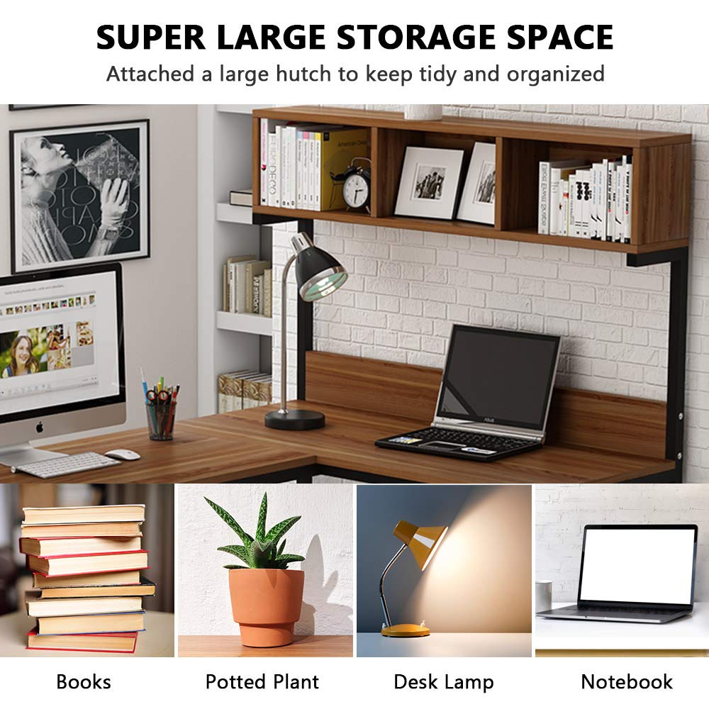 Tribesigns L-Shaped Desk with Hutch, 68 Inches Corner Computer Desk Gaming Table Workstation with Storage Bookshelf for Home Office,Dark,Walnut