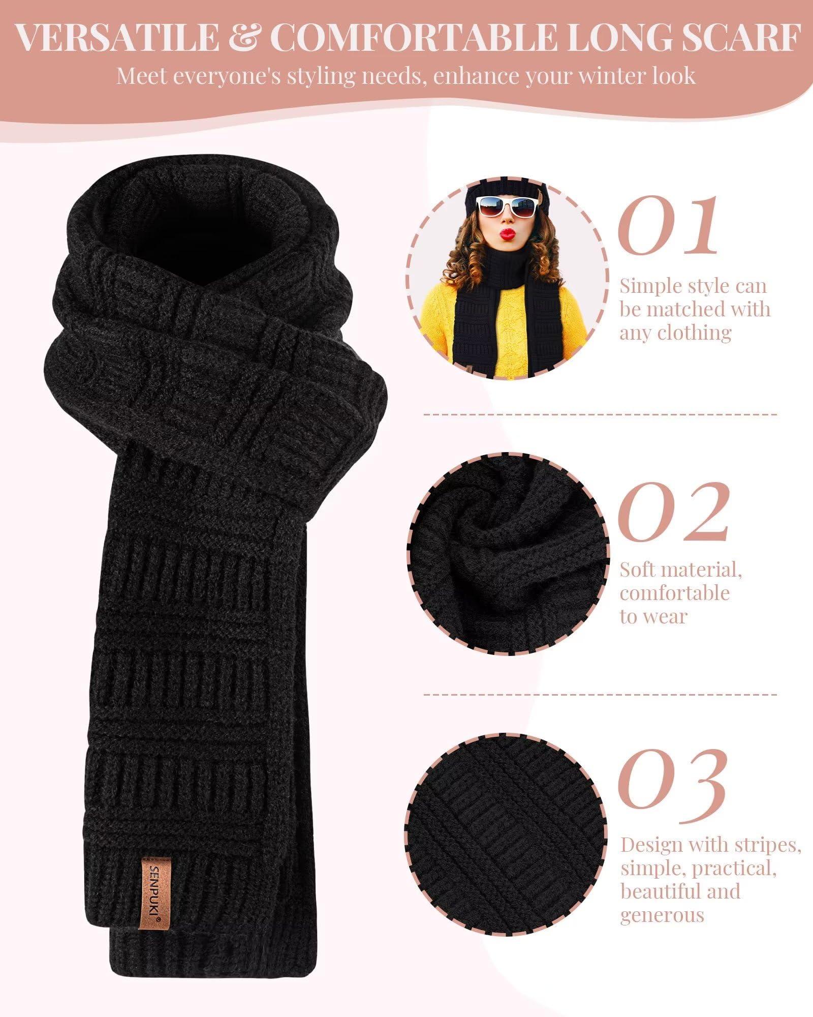 Womens Winter Beanie With Pom Pom, Fleece Lined Scarf and Touchscreen Gloves Set for Cold Weather (Black)