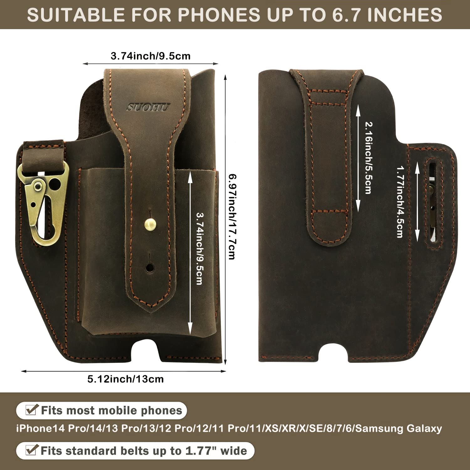 SUOHU Leather Phone Holster with Belt Clip, Flip Belt Phone Case with Magnetic Closure for iPhone 15/14/13 Pro Max, Cell Phone Belt Holder for S22 Plus, Universal Leather Phone Pouch Cases (Red Brown)