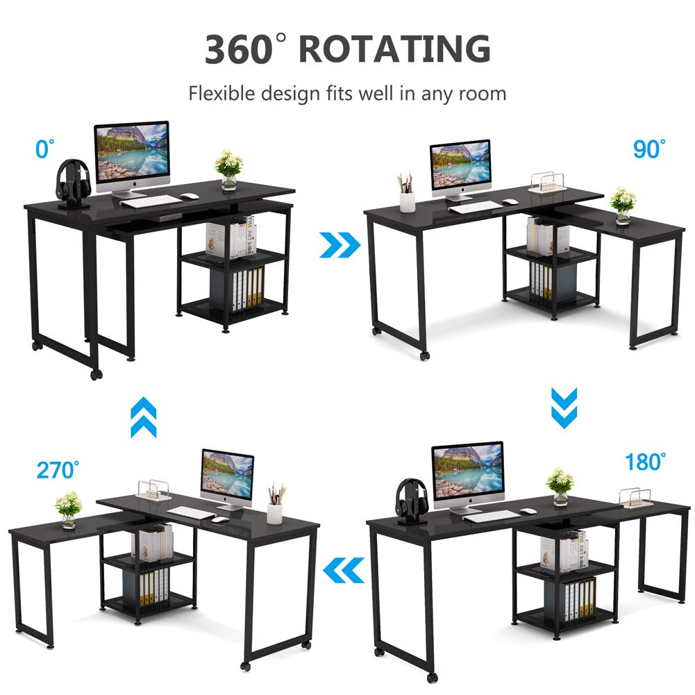 Tribesigns Reversible L-Shaped Desk with Storage Shelves, 360° Free Rotating Corner Computer Desk 55 inch Large Modern Office Desk Study Writing Table Workstation for Home Office (Black)