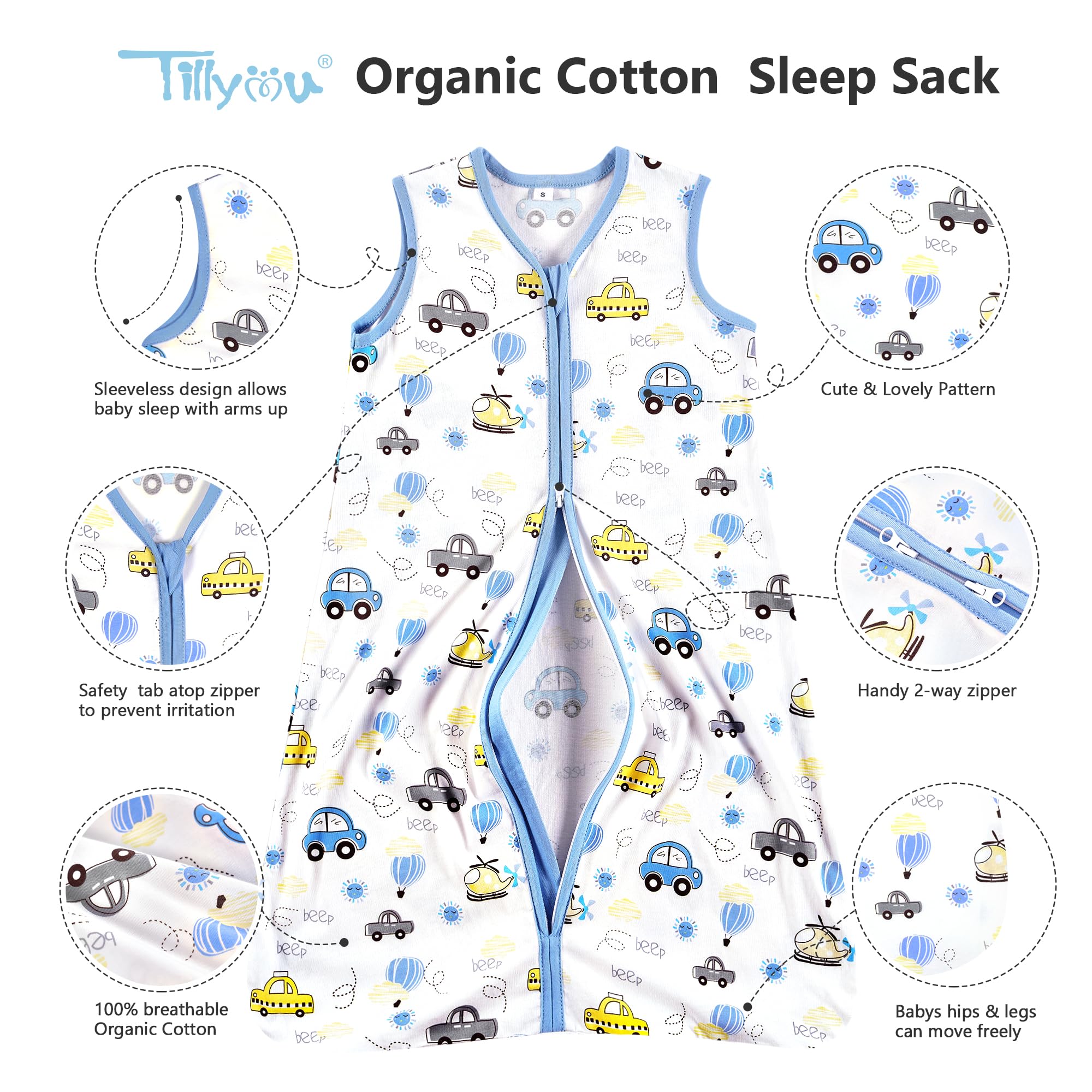 TILLYOU Organic Cotton Sleep Sack - Premium Wearable Blanket for Baby, Soft and Safe Design for a Cozy Sleeping Experience, 2-Pack for Infants 6-12 Months, Blue car & Blue