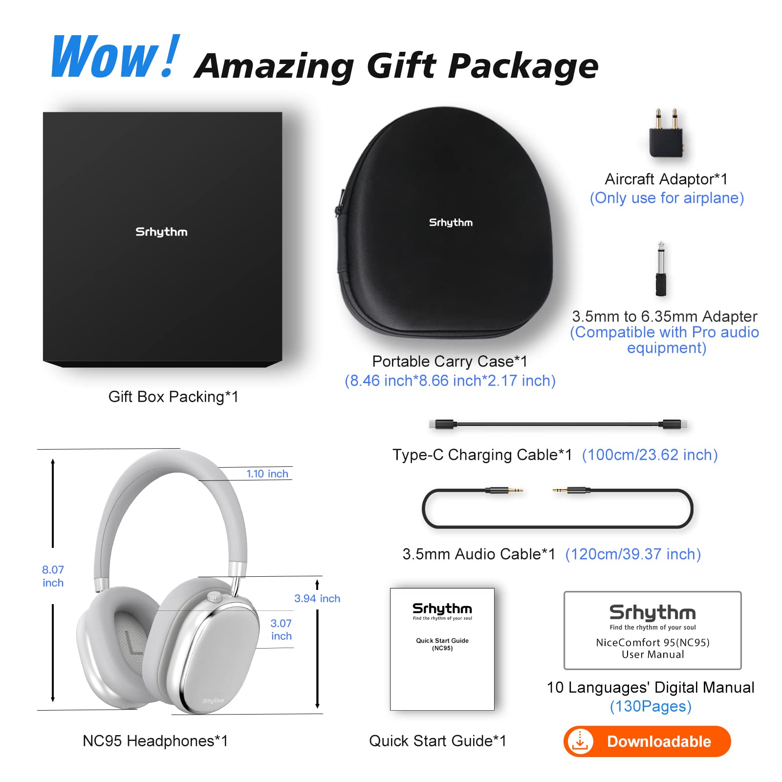 Srhythm NiceComfort 95 Hybrid Noise Cancelling Headphones,Wireless Bluetooth Headset with Transparency Mode,HD Sound