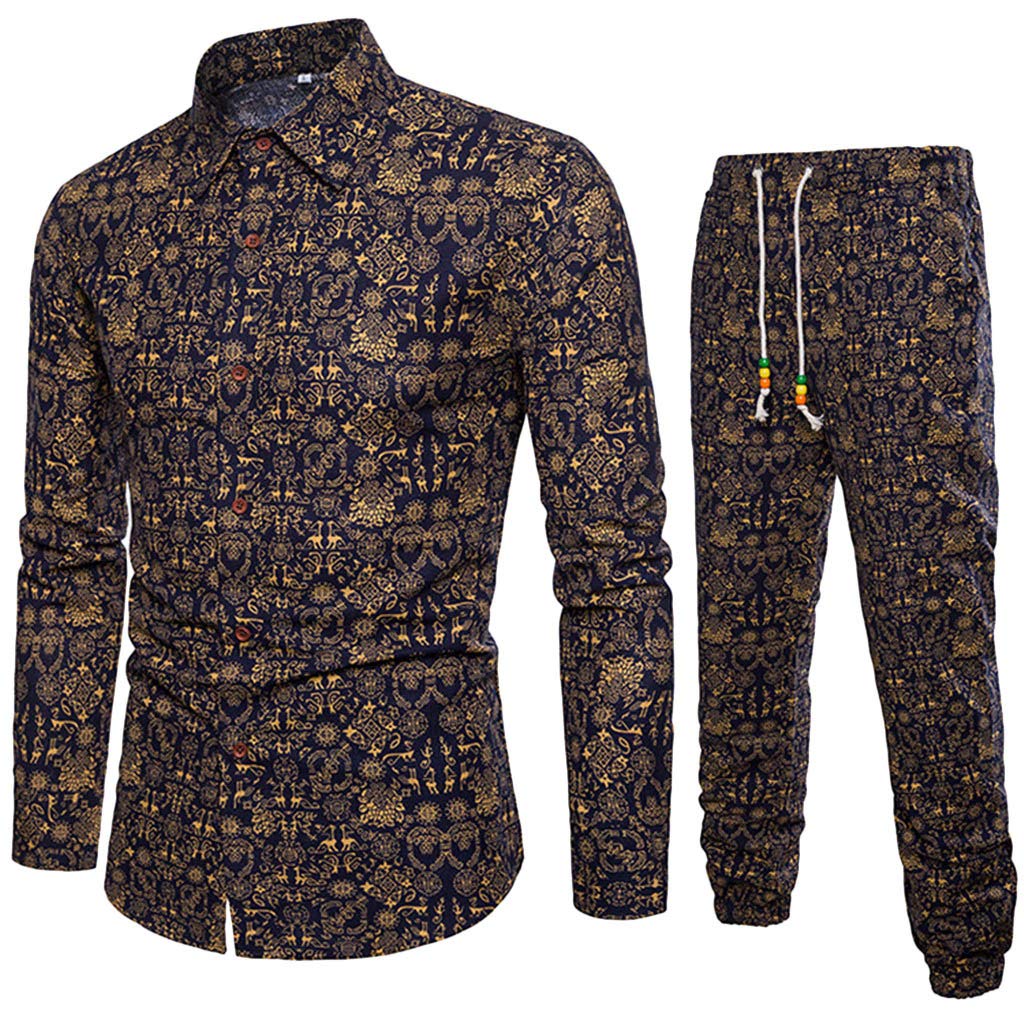 VEZAD Men's Ethnic Style Printed Cotton And Linen Long-Sleeved Shirt + Pants Suit Medium(CN) B Black