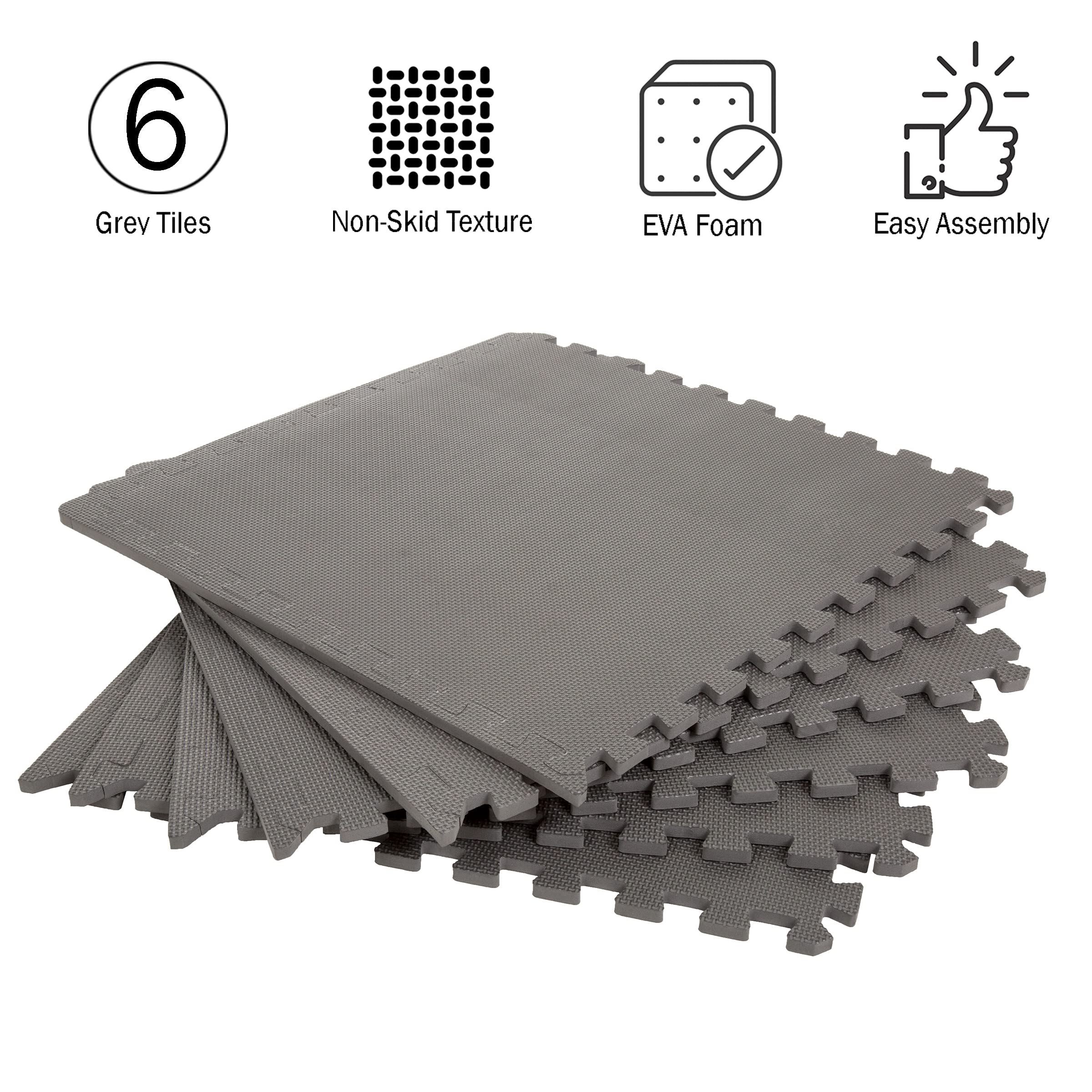 Stalwart Foam Mat Floor Tiles, Interlocking EVA Foam Padding Soft Flooring for Exercising, Yoga, Camping, Kids, Babies, Playroom β 6 Pack, Gray, 24" X 24" X 0.5"