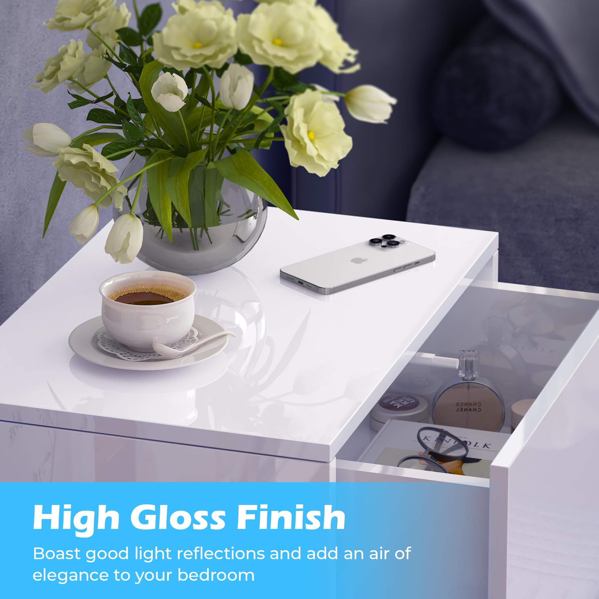 SUPERJARE LED Nightstands Set of 2, Bedside Tables with LED Lights, Night Stands with High Gloss Drawers, Remote, End Tables Side Tables, for Bedroom - White