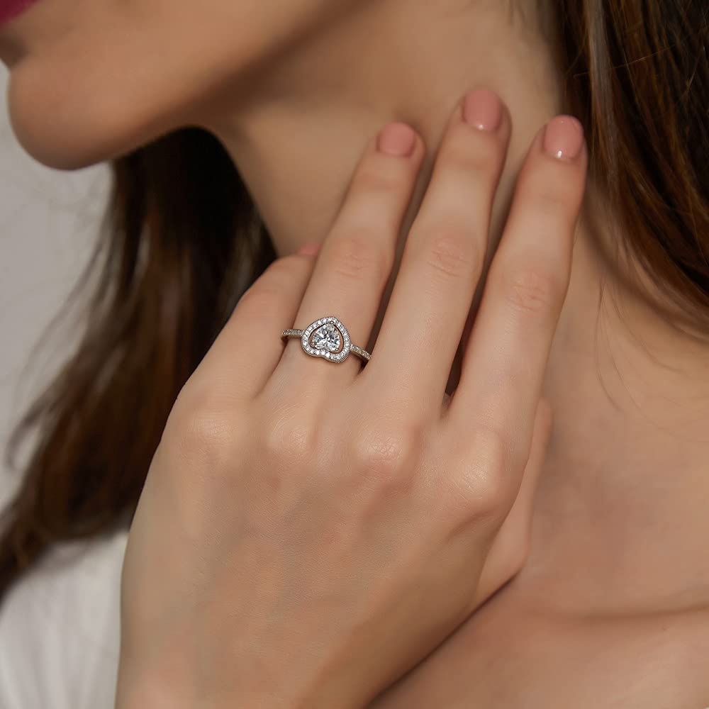 Women's 925 Sterling Silver Ring, Heart Promise Engagement Ring, Halo Cubic Zirconia Wedding Band, Size 12