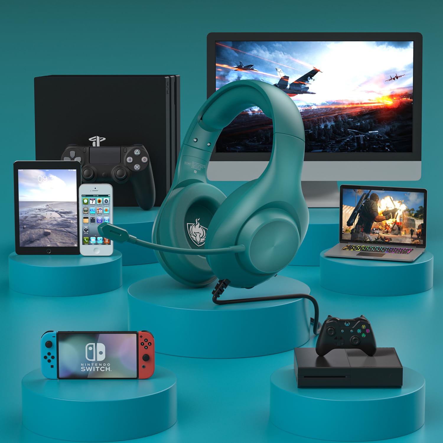 YOTMS Gaming Headset PS5 Headset, Wired Headset with 7.1 Surround Sound, H-7 Gaming Over Ear Headphones with Noise Cancelling Flexible Mic Memory Earmuffs, for PC/PS5/PS/XboxSeries X/S/Switch (Green)