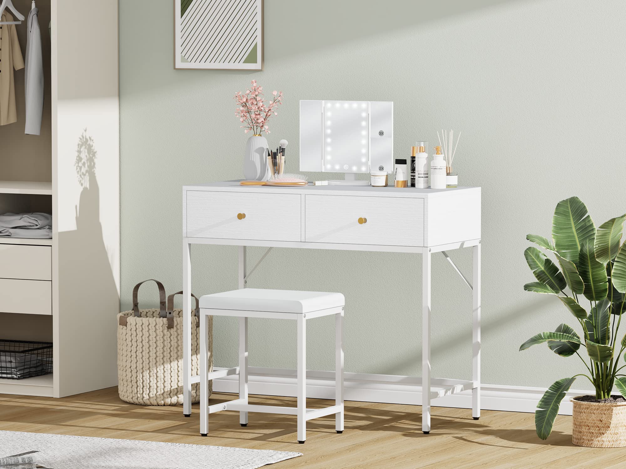 SUPERJARE Vanity Desk, Makeup Vanity with Lighted Mirror, White Desk with Drawers, 35.4 Inches Makeup Vanity Desk with Lights, for Bedroom, White