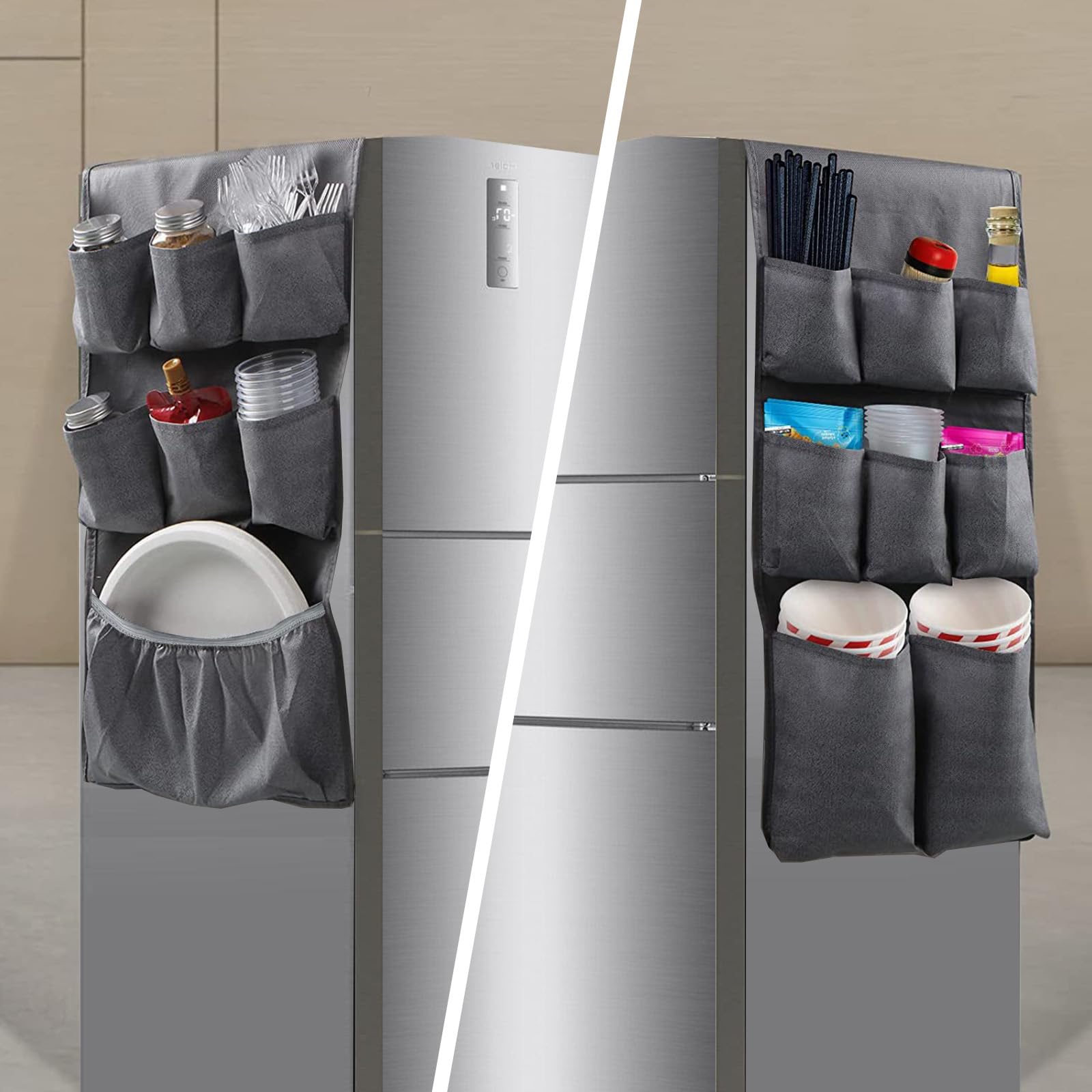 ZTTXL mini fridge organizer,Dorm and office Over the Fridge Caddy Suction Cup Organizer, 15 Pockets for flatware, utensils, kitchen tools and paper goods