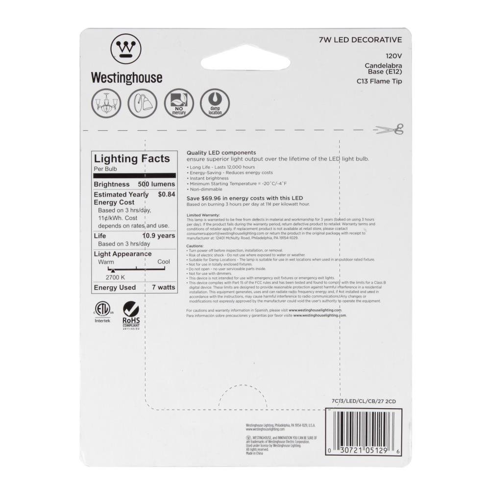 Westinghouse 0512900 60W Equivalent C13 Soft White LED Light Bulb with Candelabra Base