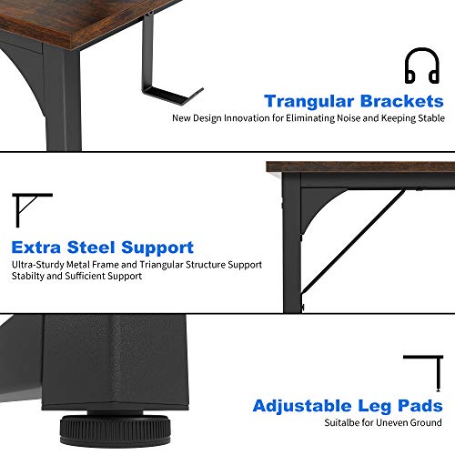 Yerivei Computer Desk 55 inch Writing Study Table for Home Office, Modern Simple PC Laptop Wooden Work Desk Workstation with Storage Bag and Headphone Hook, Rustic Brown