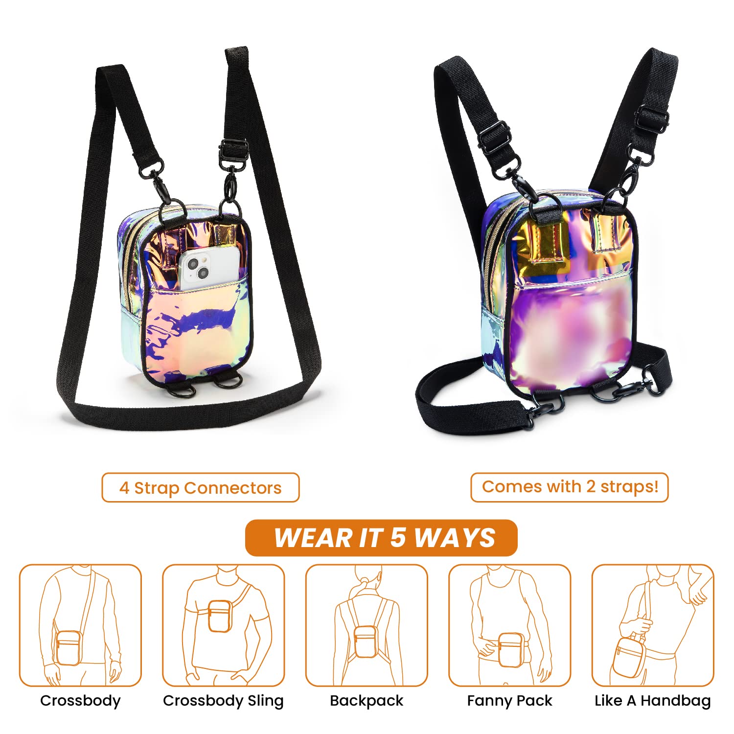 Vibe Festival Gear Small Crossbody Sling Bag for Women Men 5in1 Multi-Use from (rPET) Recycled Polyester Belt Bag Cross Body Backpack Fanny Pack Purse - Purple