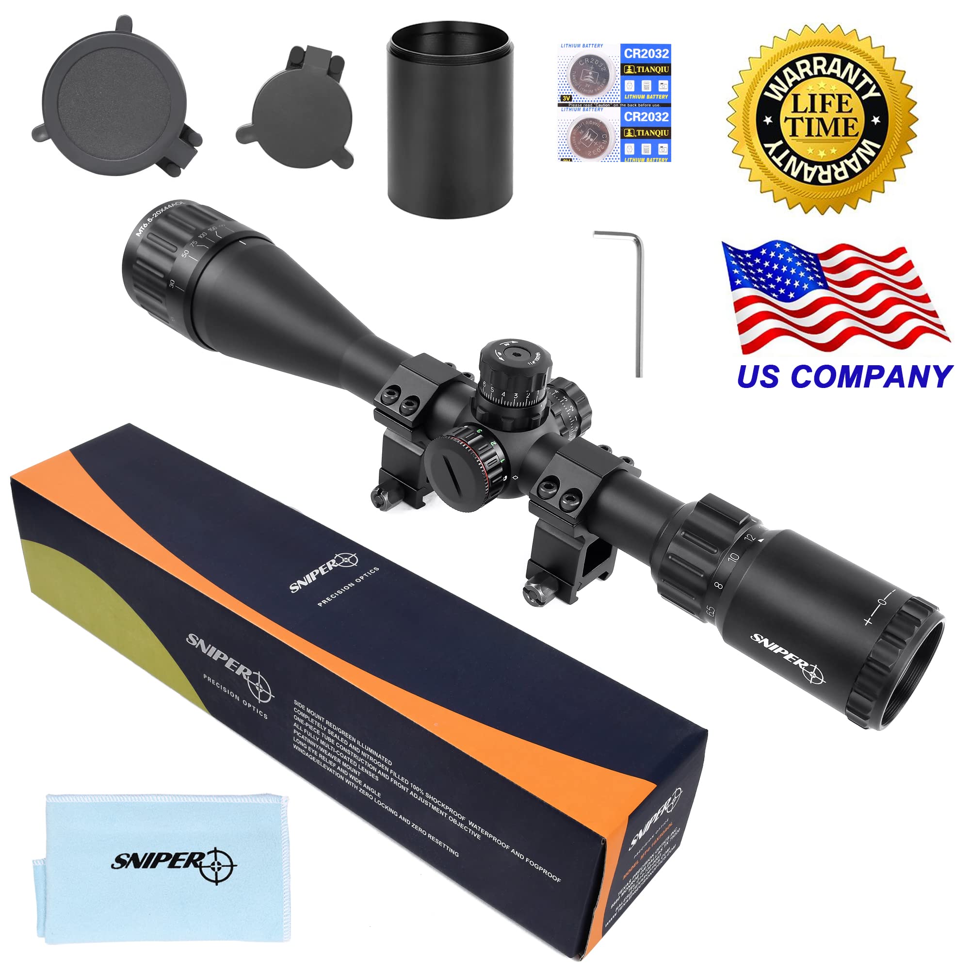 Sniper MT6.5-20x44AOL Rifle Scope w/Lock Zero, Adjustable Objective. Red/Green Illumination Mil-dot Reticle. Comes with Extended Sunshade and Heavy Duty Ring Mount and Lens Cover