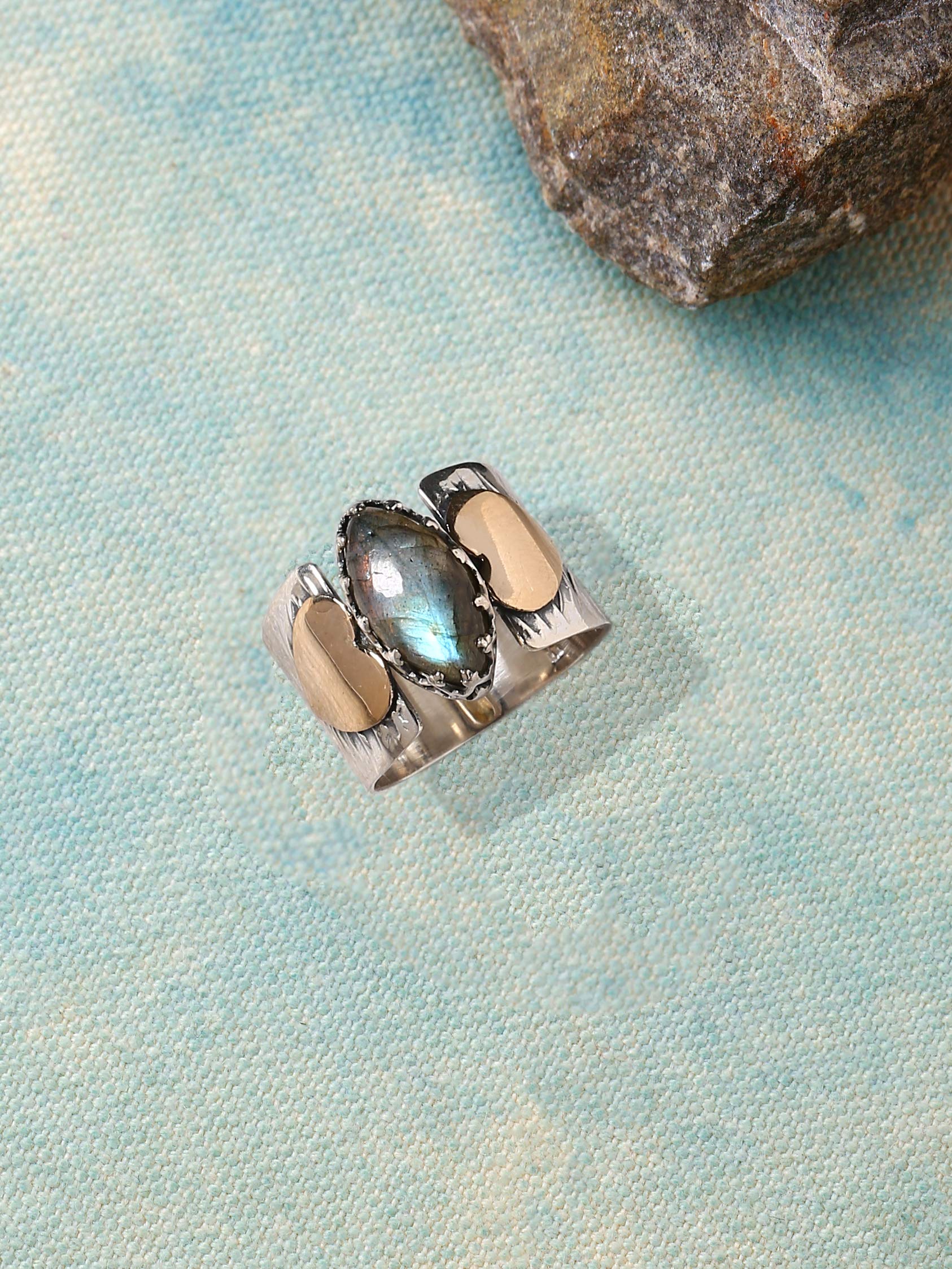 YoTreasure Natural Labradorite Solid 925 Sterling Silver Brass Wide Band Ring Jewelry