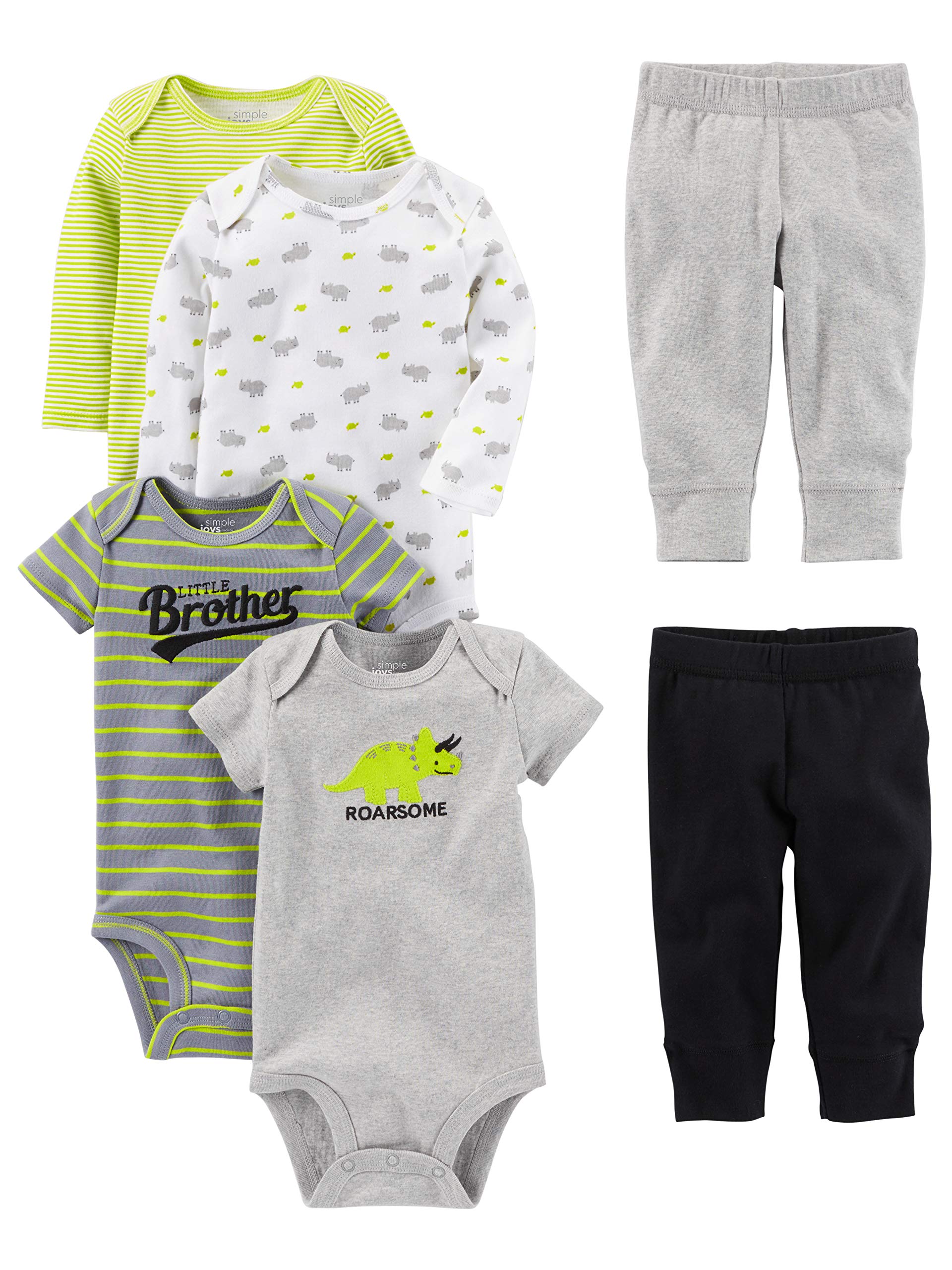 Simple Joys by Carter's Baby Boys' 6-Piece Bodysuits (Short and Long Sleeve) and Pants Set, Multicolor/Dinosaur/Rhino/Stripe/Text Print, 18 Months