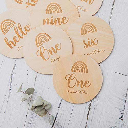 Wooden Baby Monthly Milestone, Double Sided Discs Round Wooden Milestone Baby Milestone Includes 14 Cards with Drawstring Bag (Rainbow Cards)
