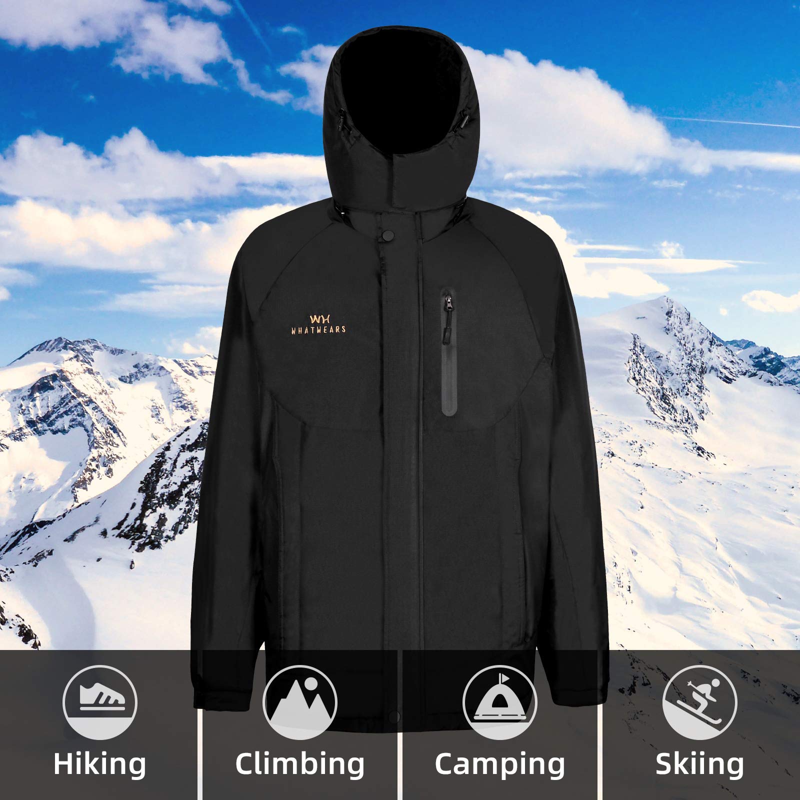 WHATWEARS Men's Winter Coats Waterproof Ski Jacket for Men Snow Coat Windproof Mountain Jackets with Hooded, Black, M