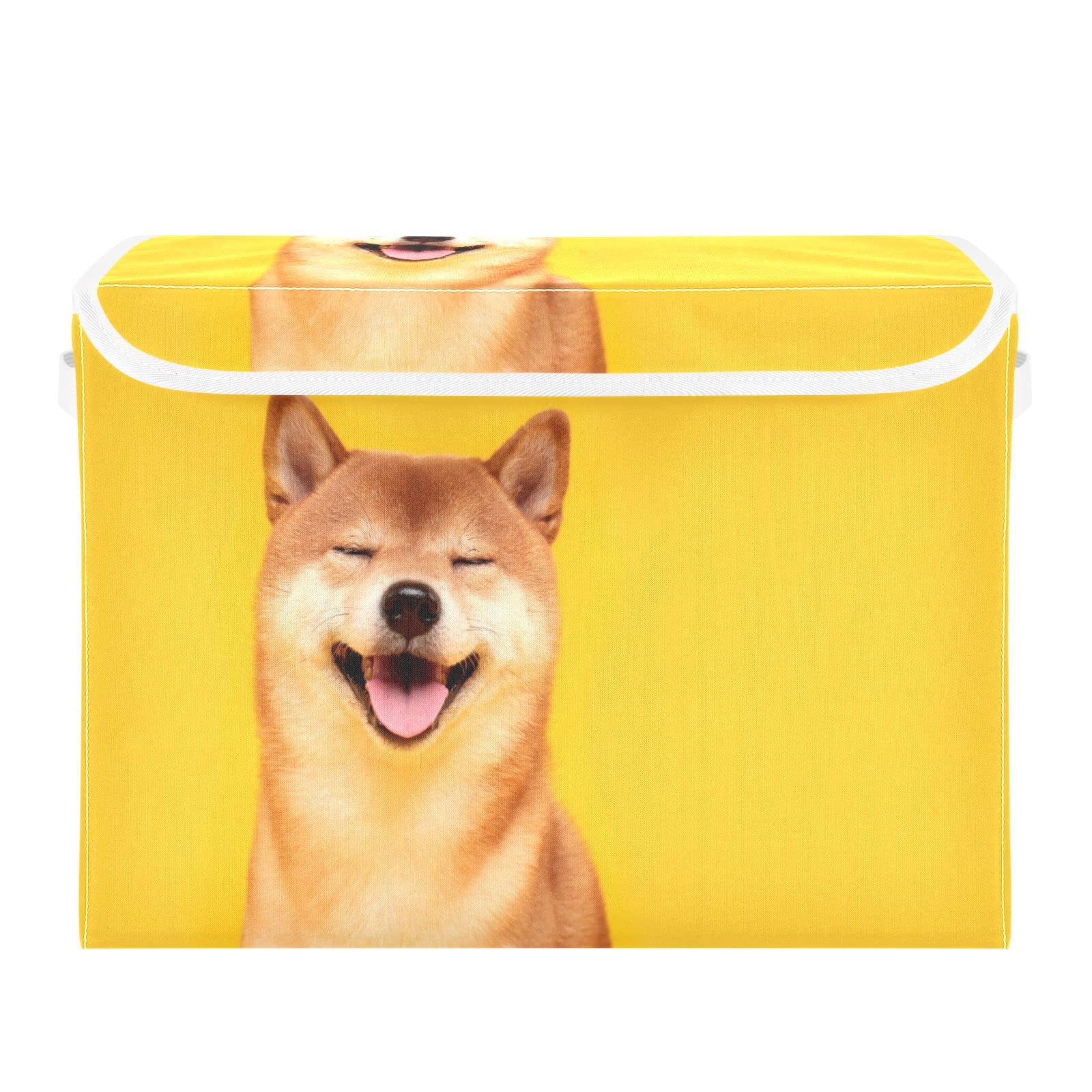 Wusikd Shiba Inu Dog Storage Basket Yellow Storage Boxes with Lids and Handle, Large Storage Cube Bin Collapsible for Shelves Closet Bedroom Living Room, 16.5x12.6x11.8 In