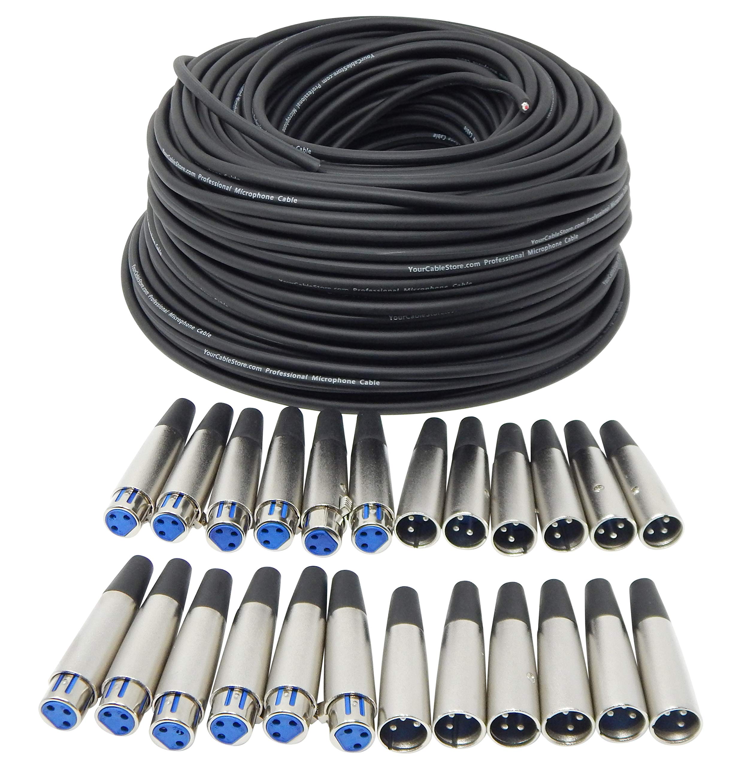 Your Cable Store DIY Make Your Own Custom Length XLR Cable Kit 250 Ft Of 28 AWG Balanced XLR Cable, 12 XLR Male Connectors And 12 XLR Female Connectors