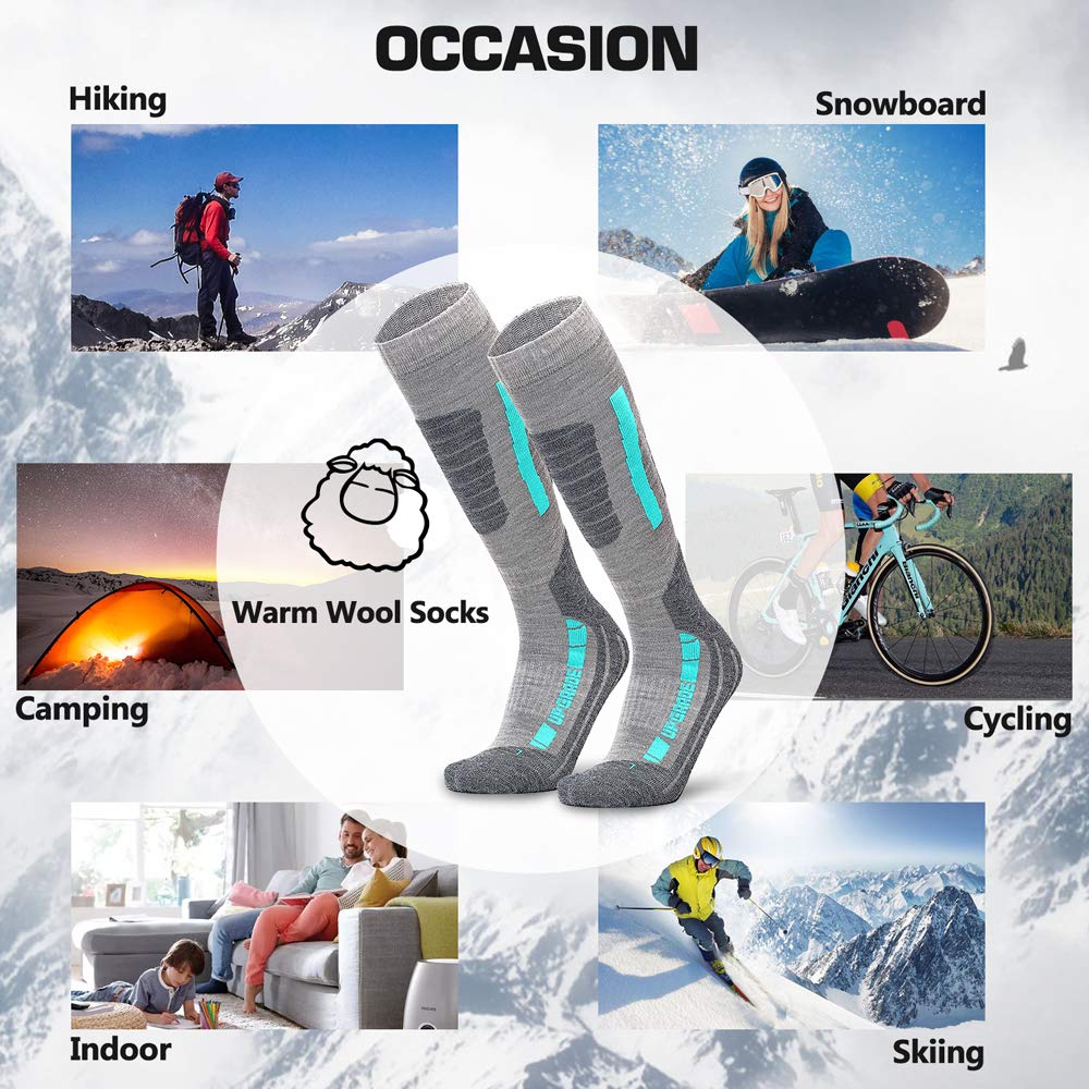 zxxcplln k Ski Socks Merino Wool High Performance Warmth Snowboard Socks for Winter Outdoor Men Women Kids, Graycyan(2 Pair), Medium
