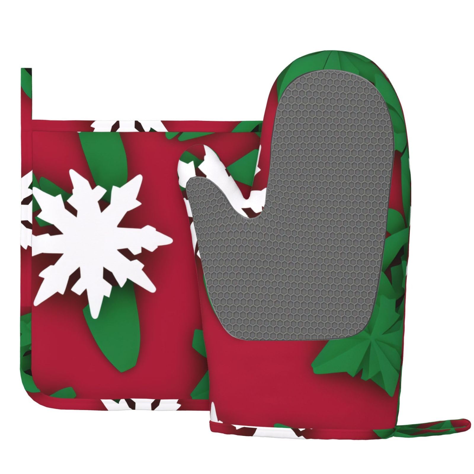 Xmas Snowflake Printing Pattern Silicone Oven Mitts Pot Holder Sets 2pcs Cute Design Washable Non Slip Kitchen Heat Resistant Mat Women's Cooking Gloves for Baking and BBQ Wear