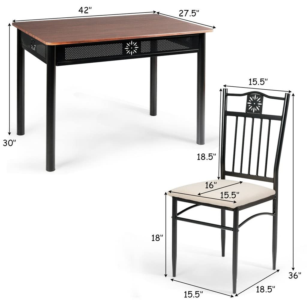 WFHTU 5 Piece Dining Set Wooden Metal Table and 4 Chairs Kitchen Breakfast Furniture